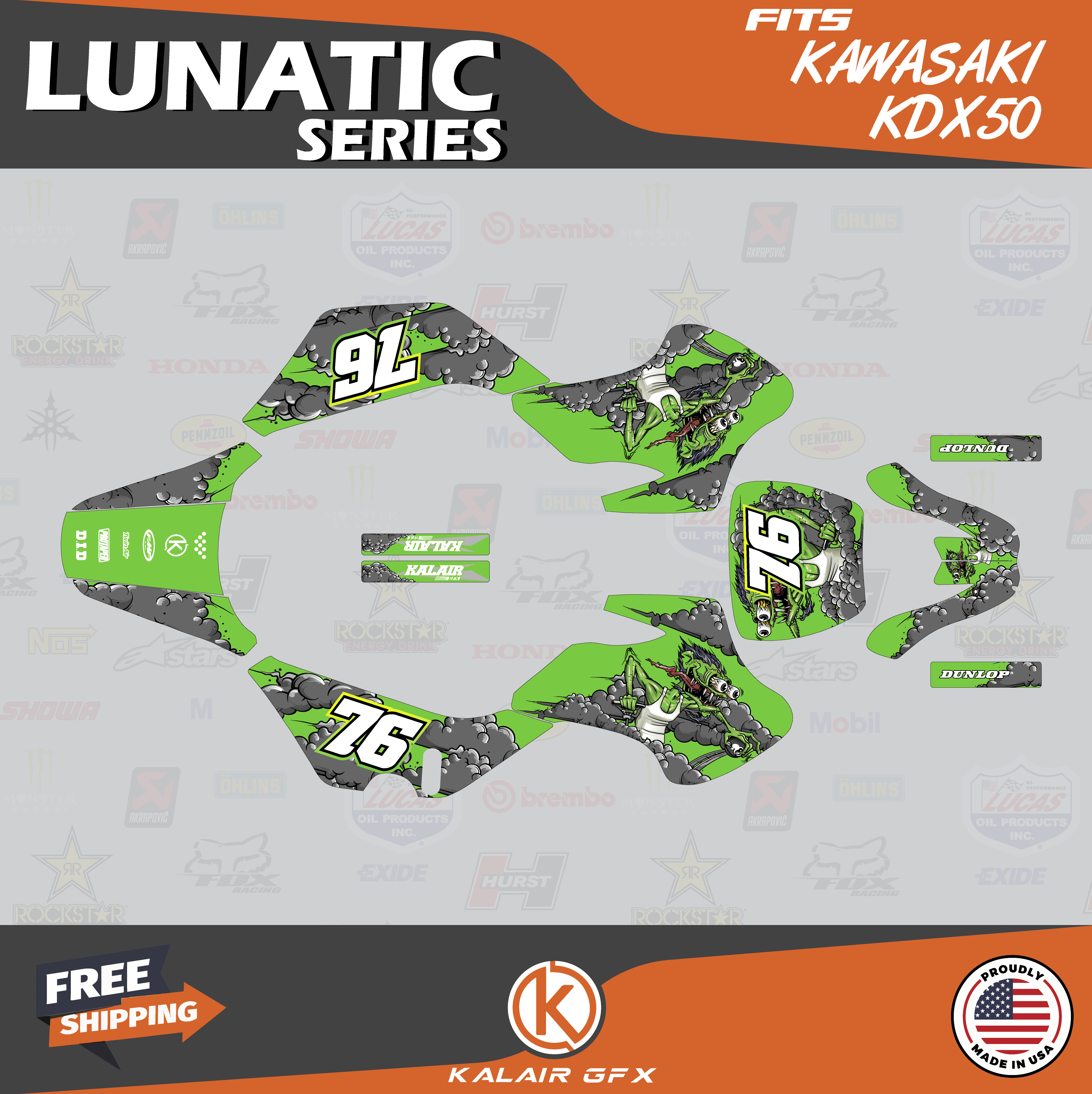 Kalair GFX Graphics Kit for Kawasaki KDX50 (All Years) Lunatic Series ...