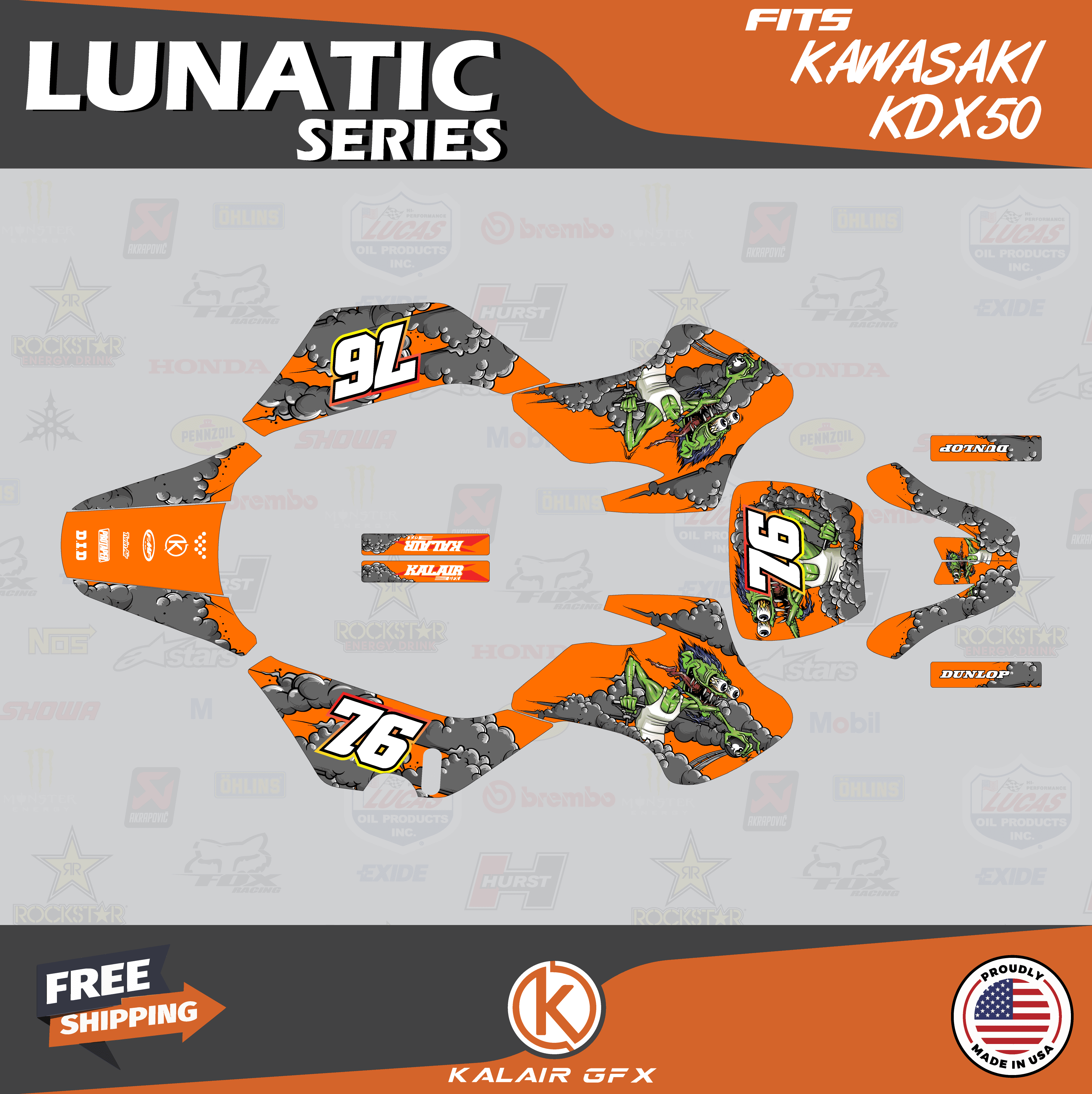 Kalair GFX Graphics Kit for Kawasaki KDX50 (All Years) Lunatic Series ...