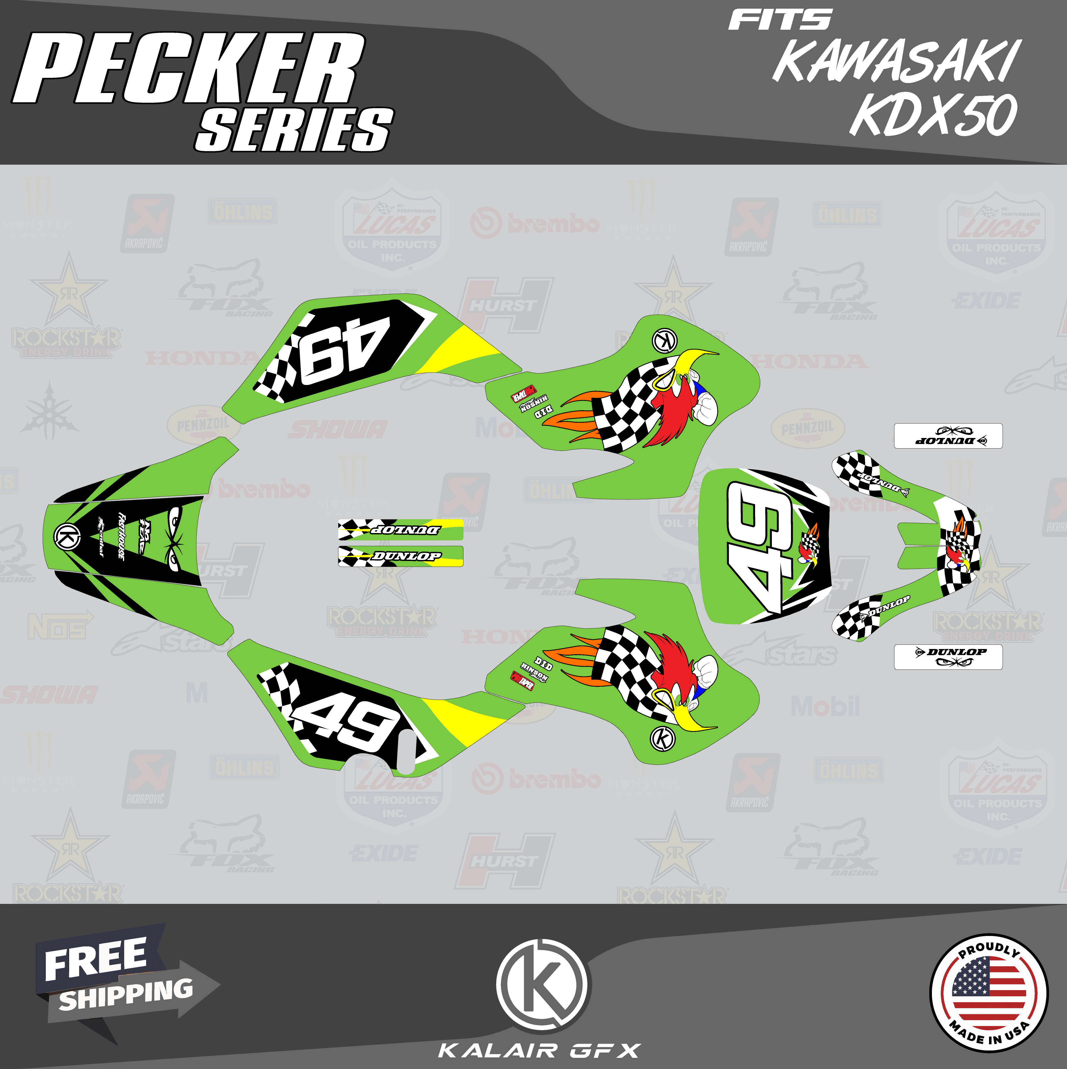 Kalair GFX Graphics Kit for Kawasaki KDX50 (All Years) Pecker Series ...