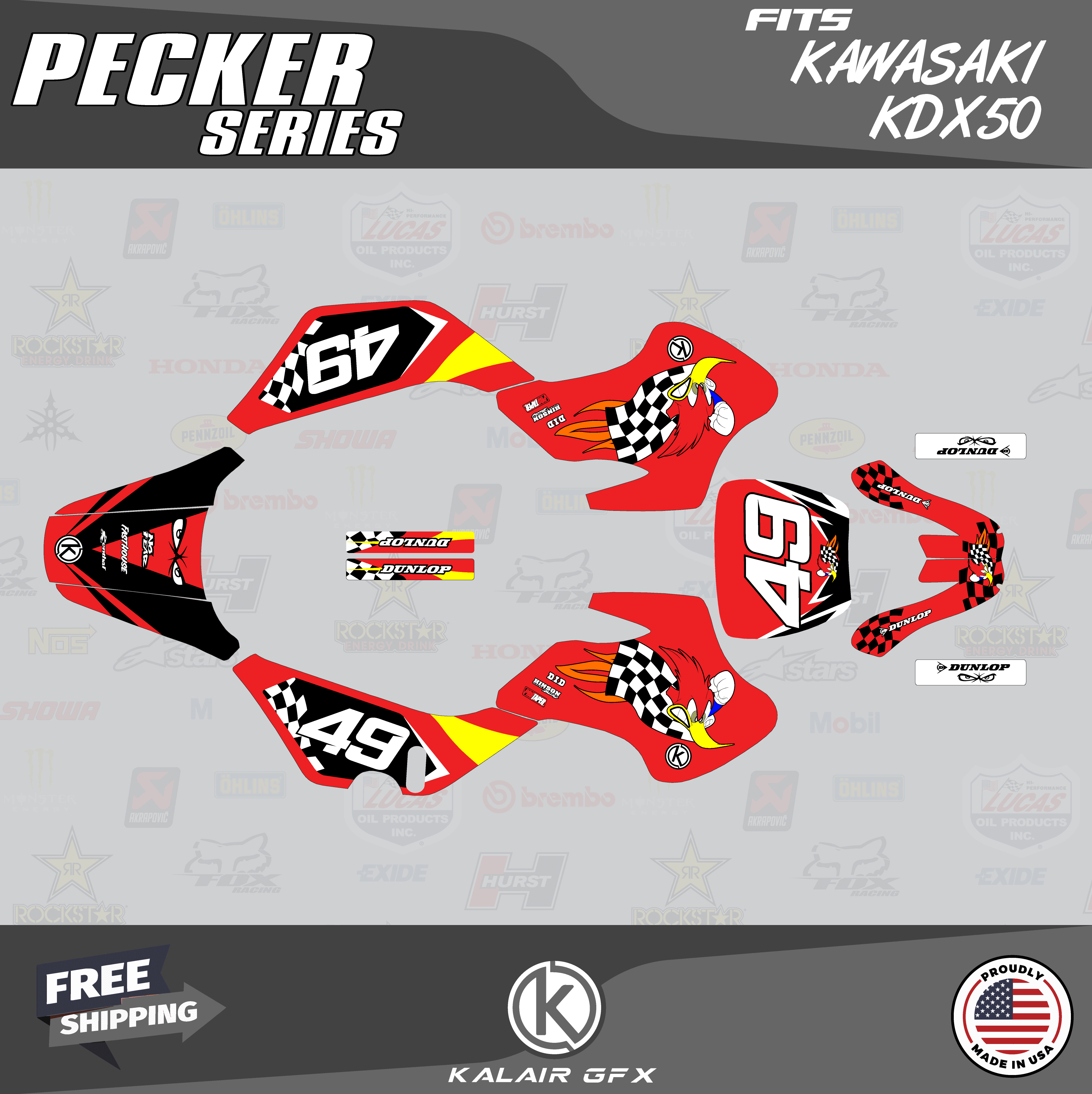 Kalair GFX Graphics Kit for Kawasaki KDX50 (All Years) Pecker Series ...