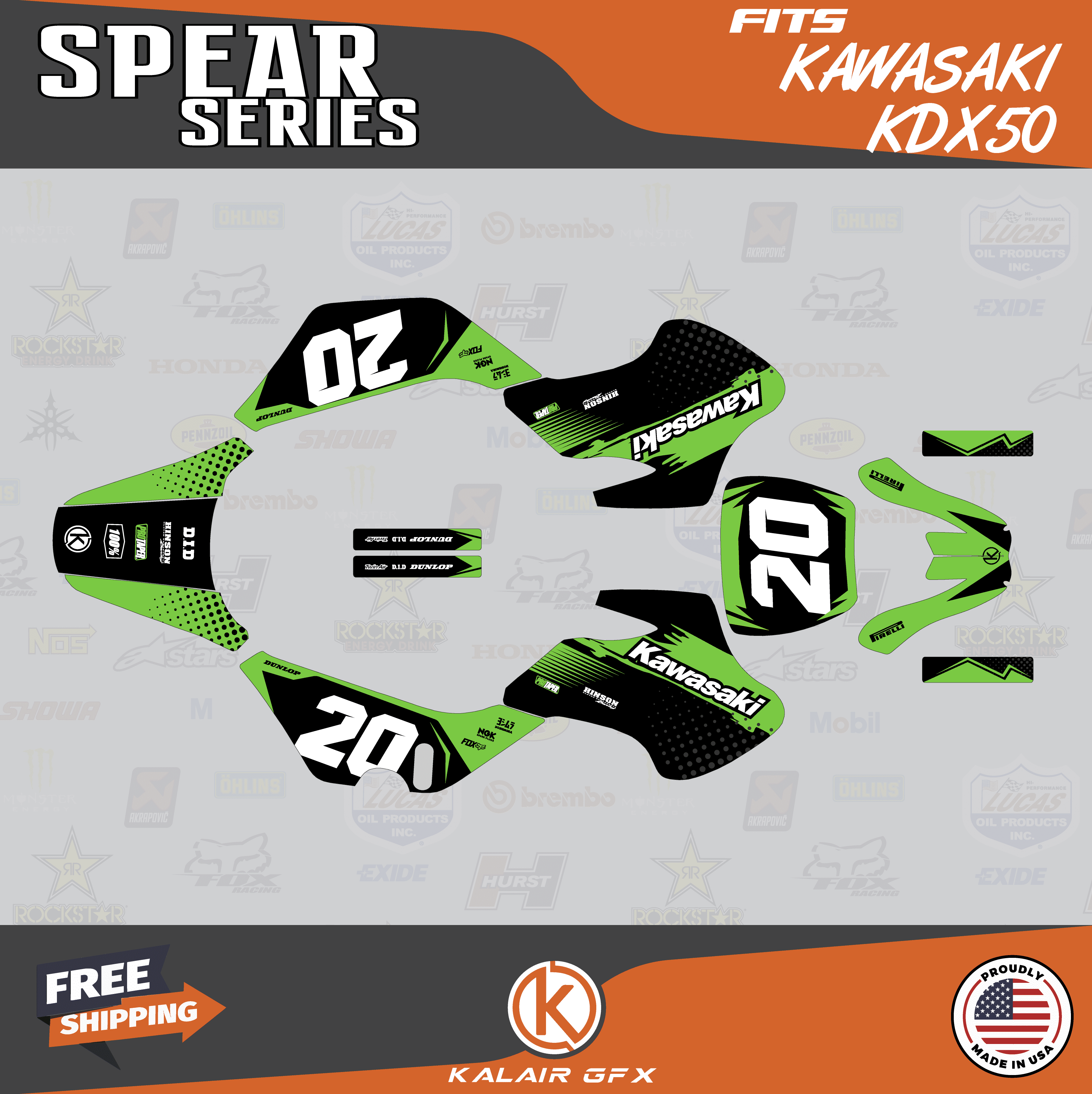 Kalair GFX Graphics Kit for Kawasaki KDX50 (All Years) Spear Series ...