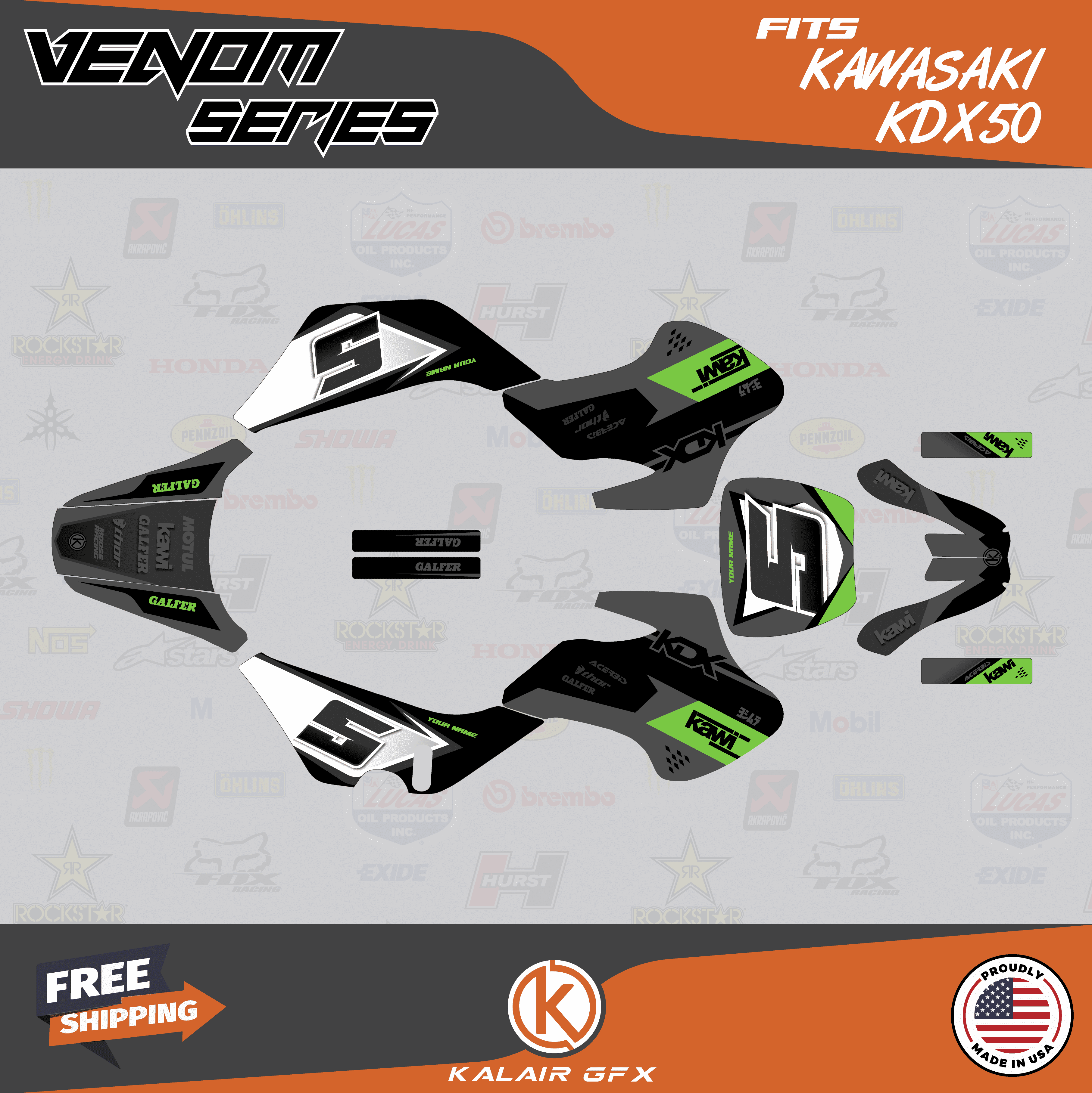 Kalair GFX Graphics Kit for Kawasaki KDX50 (All Years) Venom Series ...