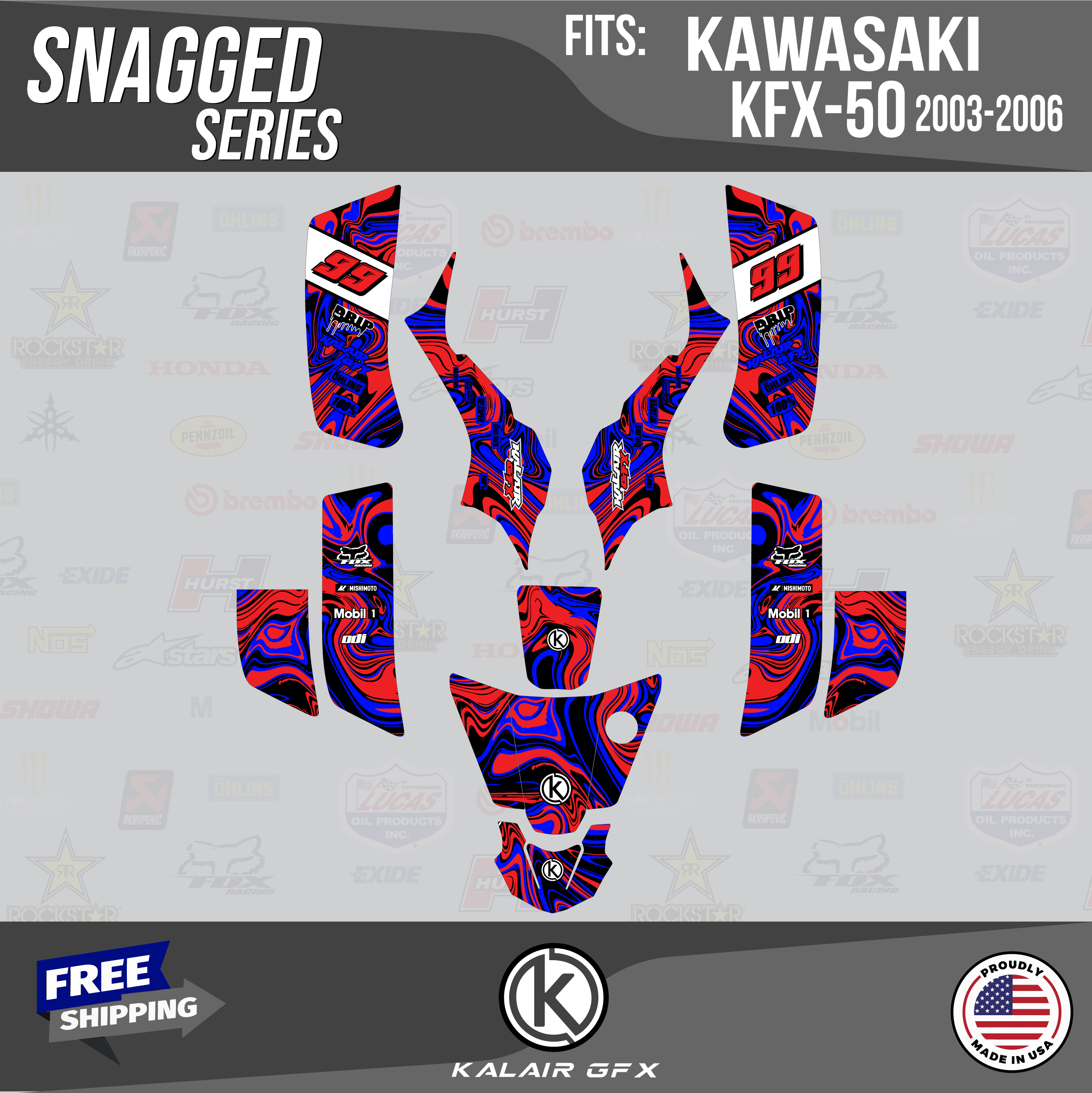 Kalair GFX Graphics Kit for Kawasaki KFX 50 (2003-2006) Snagged Series ...