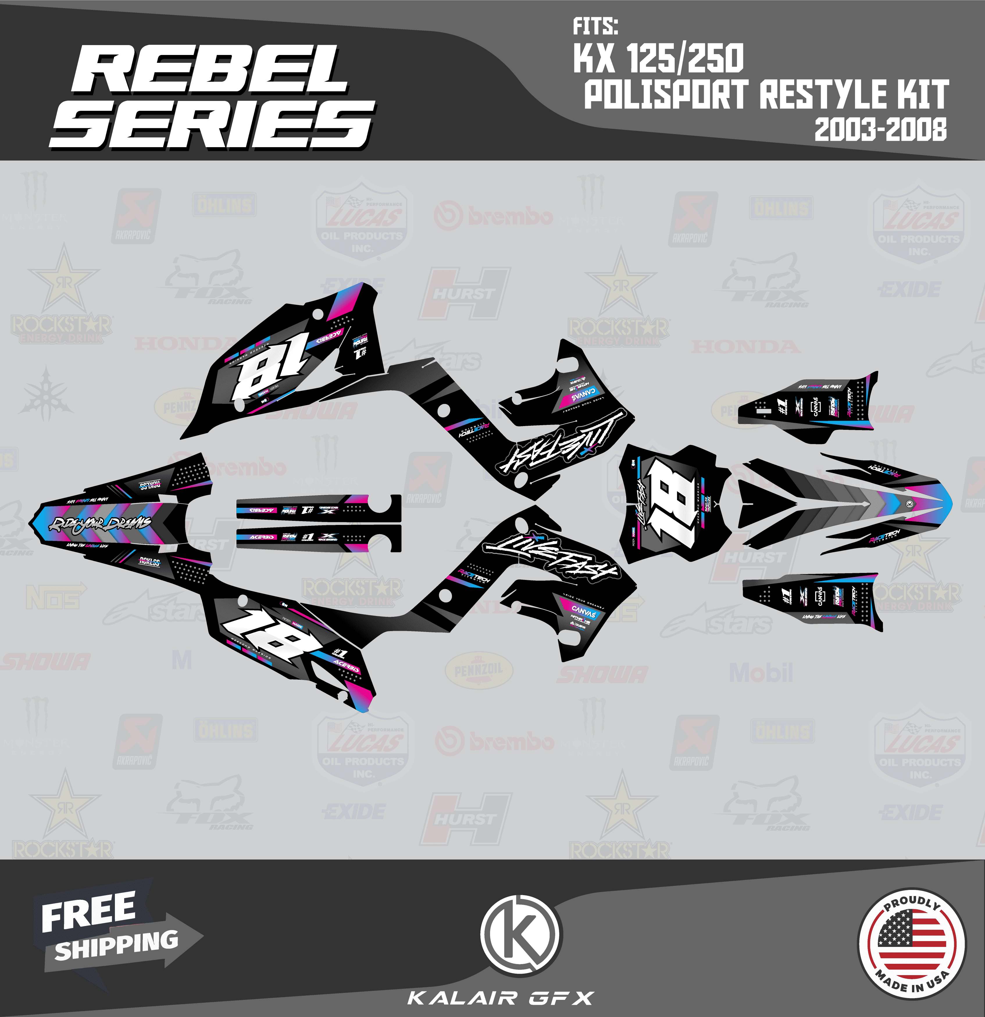 Kalair GFX Graphics Kit for Kawasaki KLX 125 Polisport Restyle (2003 ...