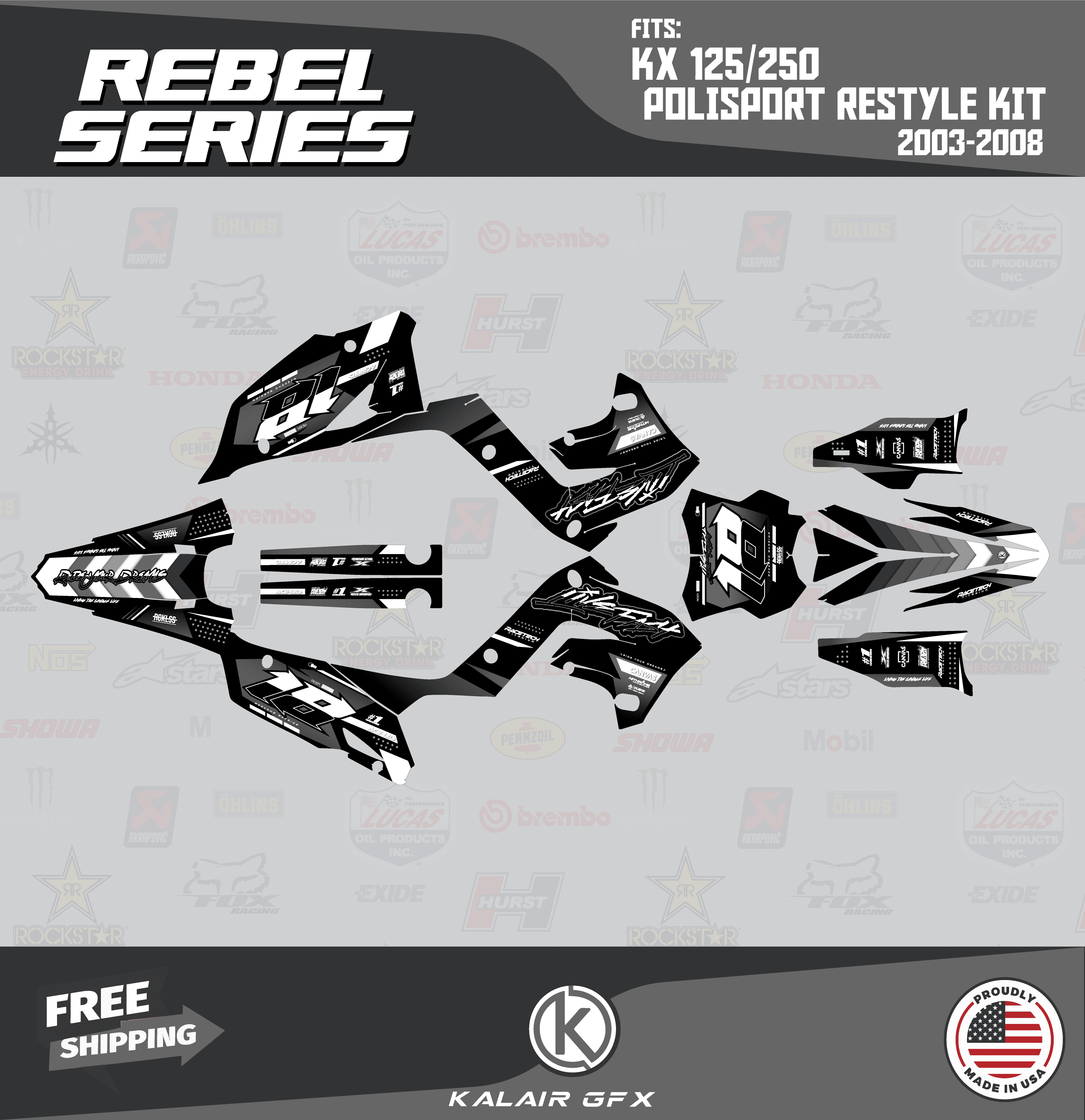 Kalair GFX Graphics Kit for Kawasaki KLX 125 Polisport Restyle (2003 ...