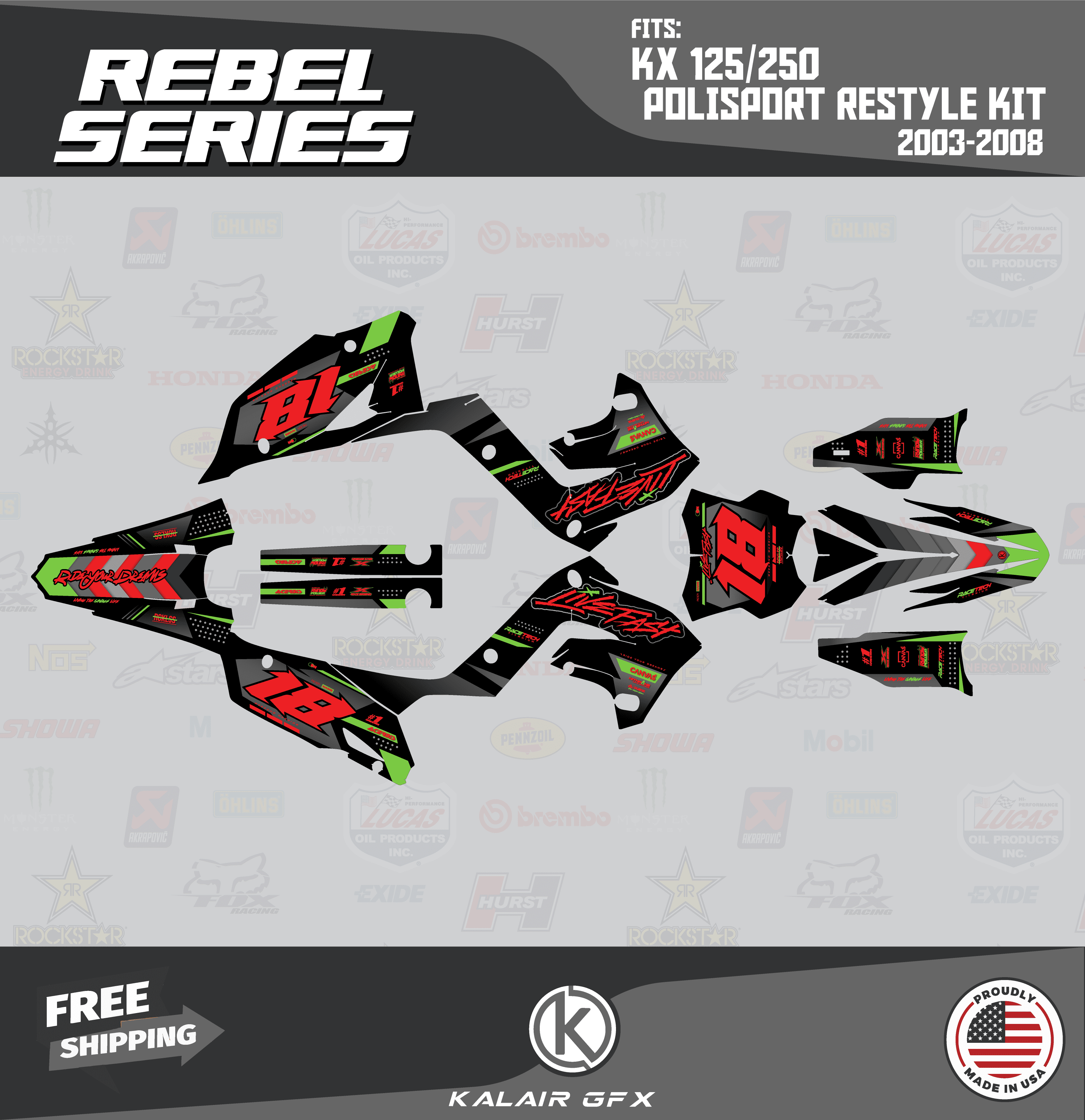 Kalair GFX Graphics Kit for Kawasaki KLX 250 Polisport Restyle (2003 ...