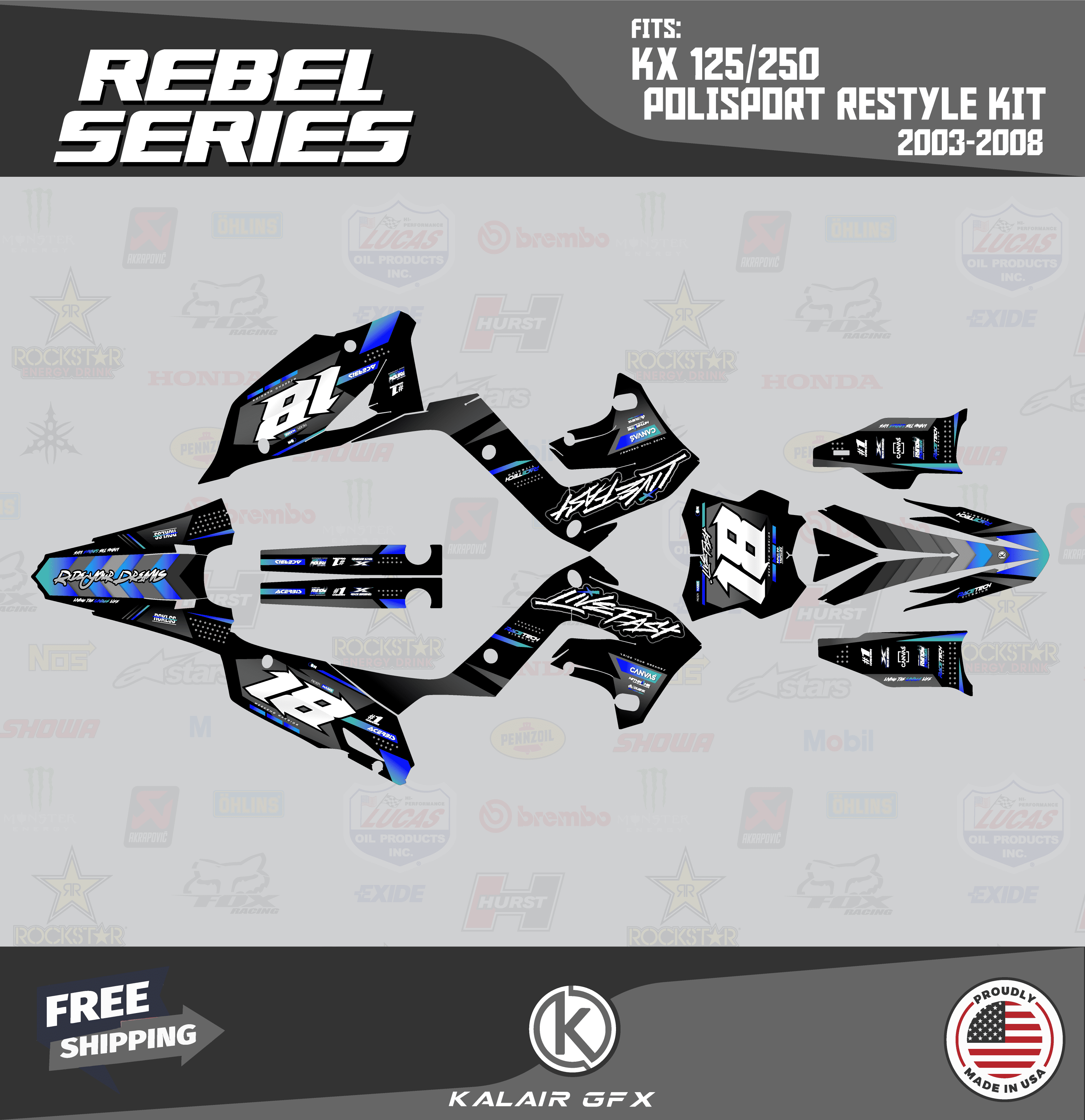 Kalair GFX Graphics Kit for Kawasaki KLX 250 Polisport Restyle (2003 ...
