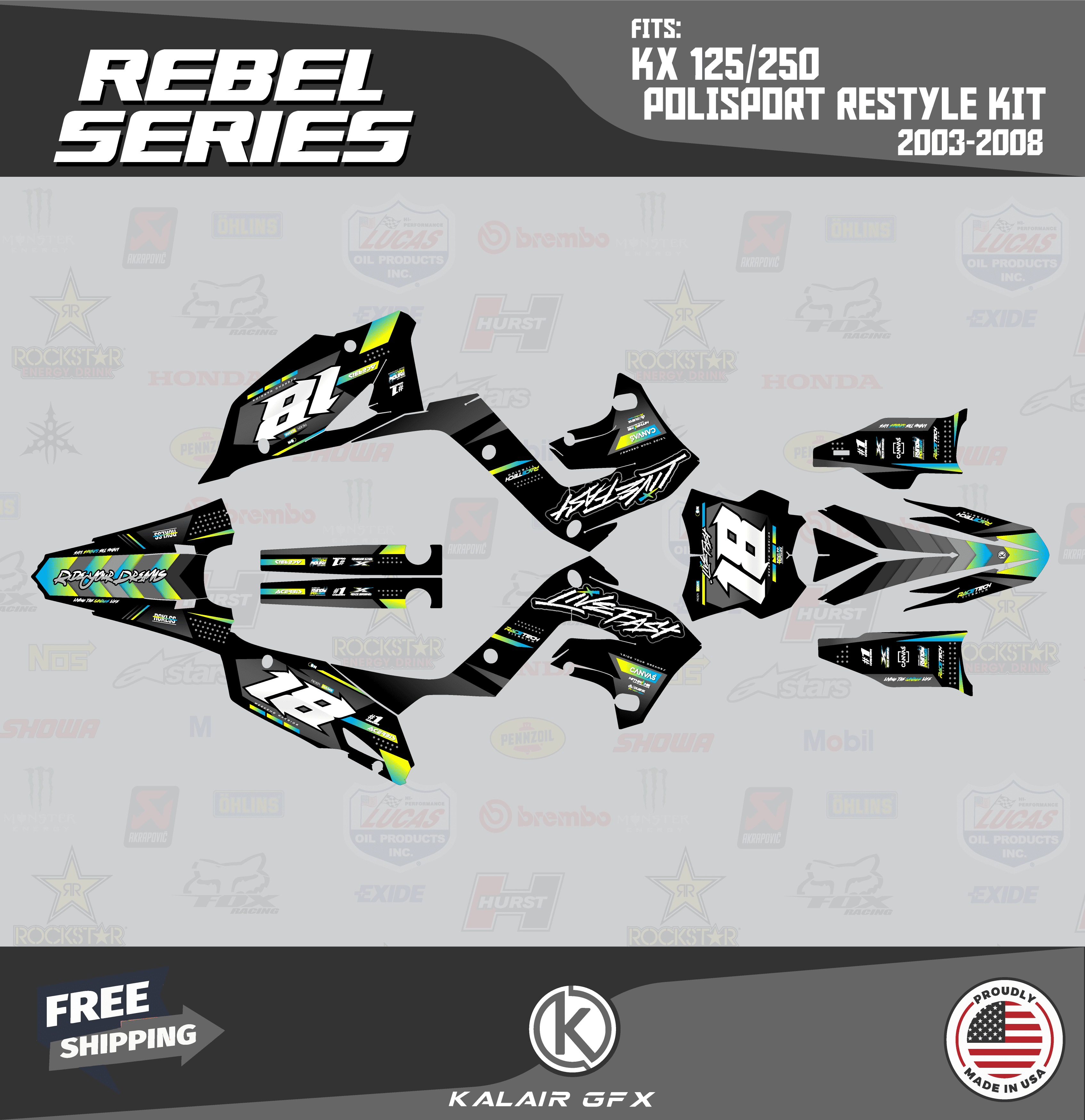 Kalair GFX Graphics Kit for Kawasaki KLX 250 Polisport Restyle (2003 ...