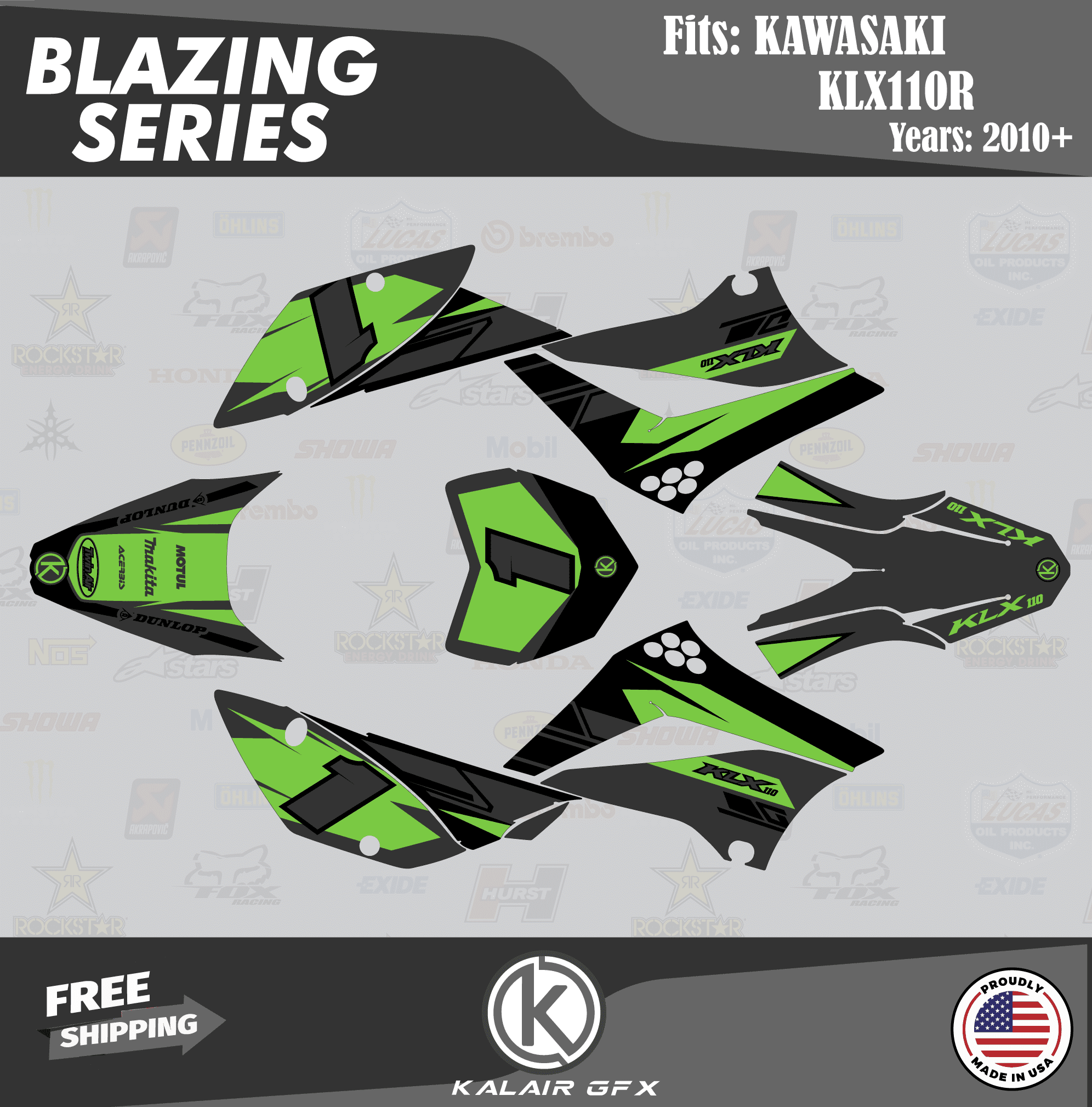 Kalair GFX Graphics Kit for Kawasaki KLX110 (2010-2023) Blazing Series ...