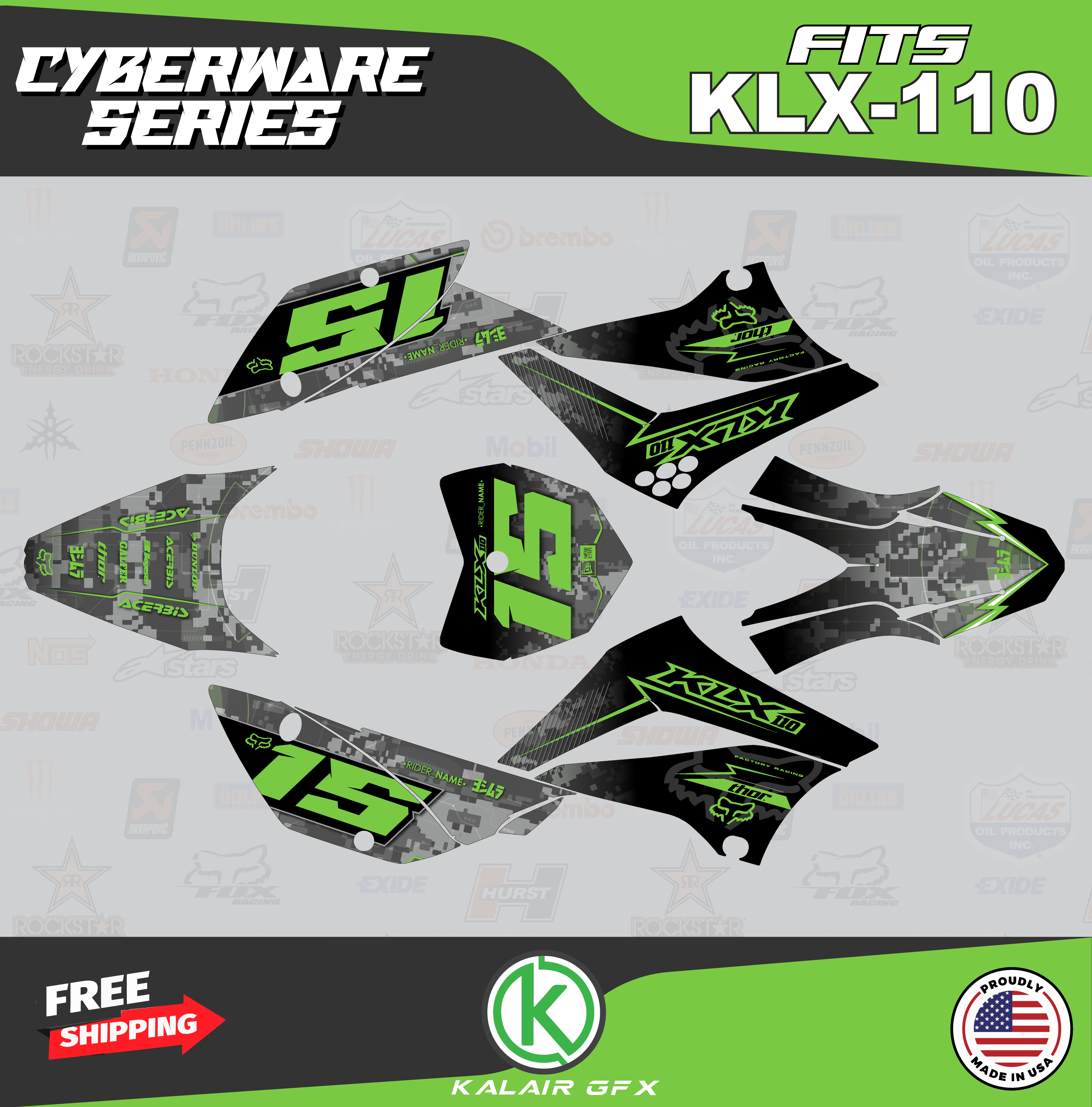 Kalair GFX Graphics Kit for Kawasaki KLX110 (2010-2023) Cyberware ...