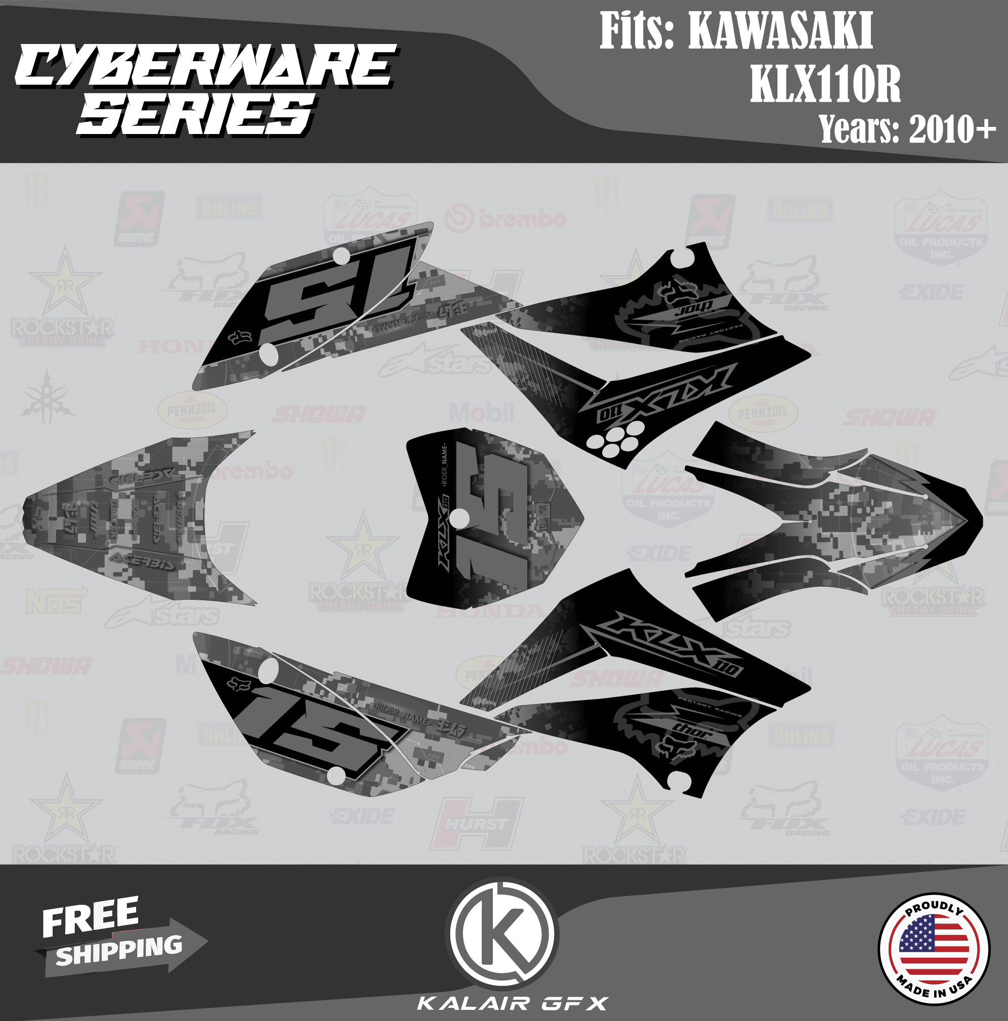 Kalair GFX Graphics Kit for Kawasaki KLX110 (2010-2023) Cyberware ...