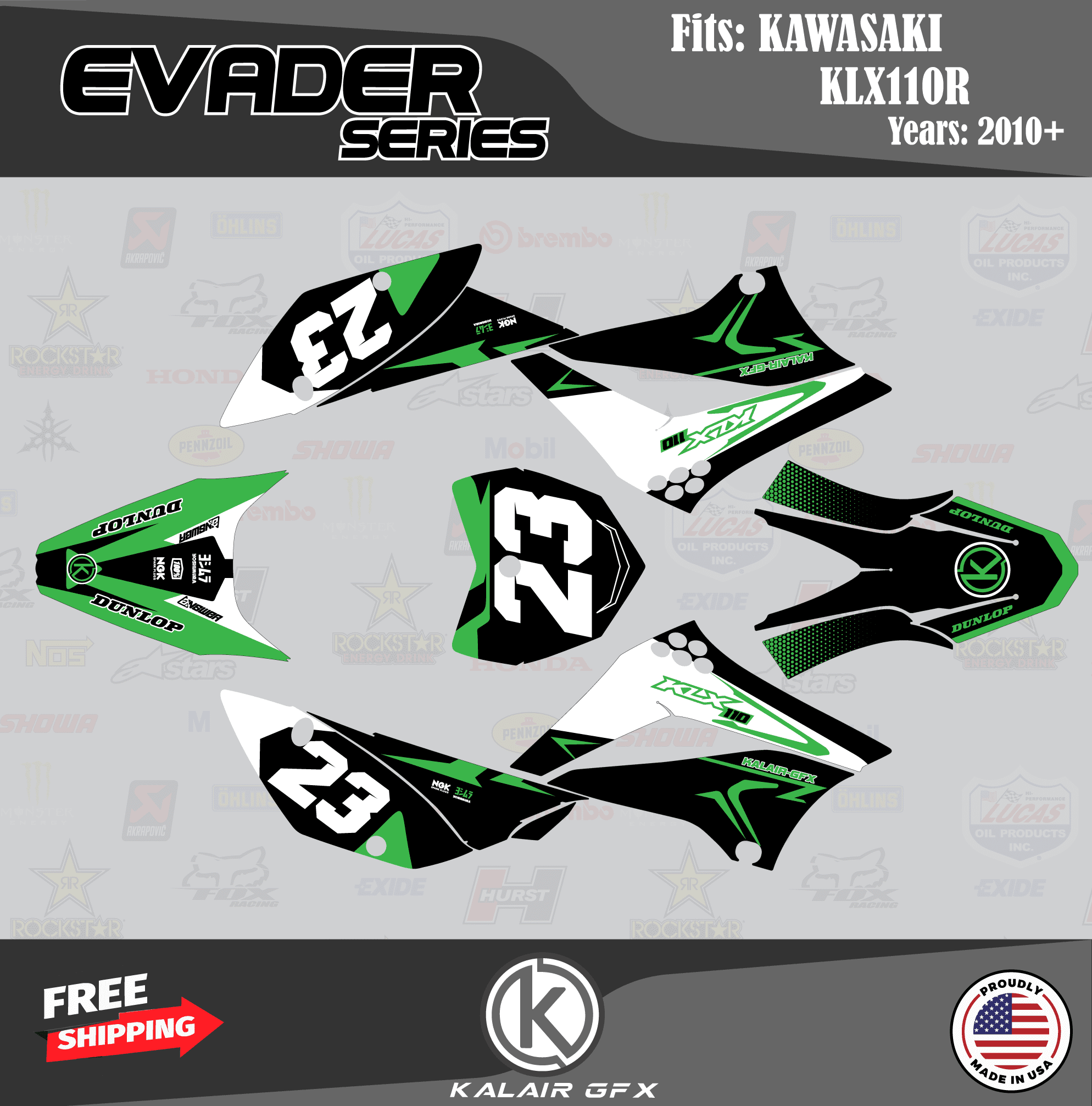 Kalair GFX Graphics Kit for Kawasaki KLX110 (2010-2023) Evader Series ...