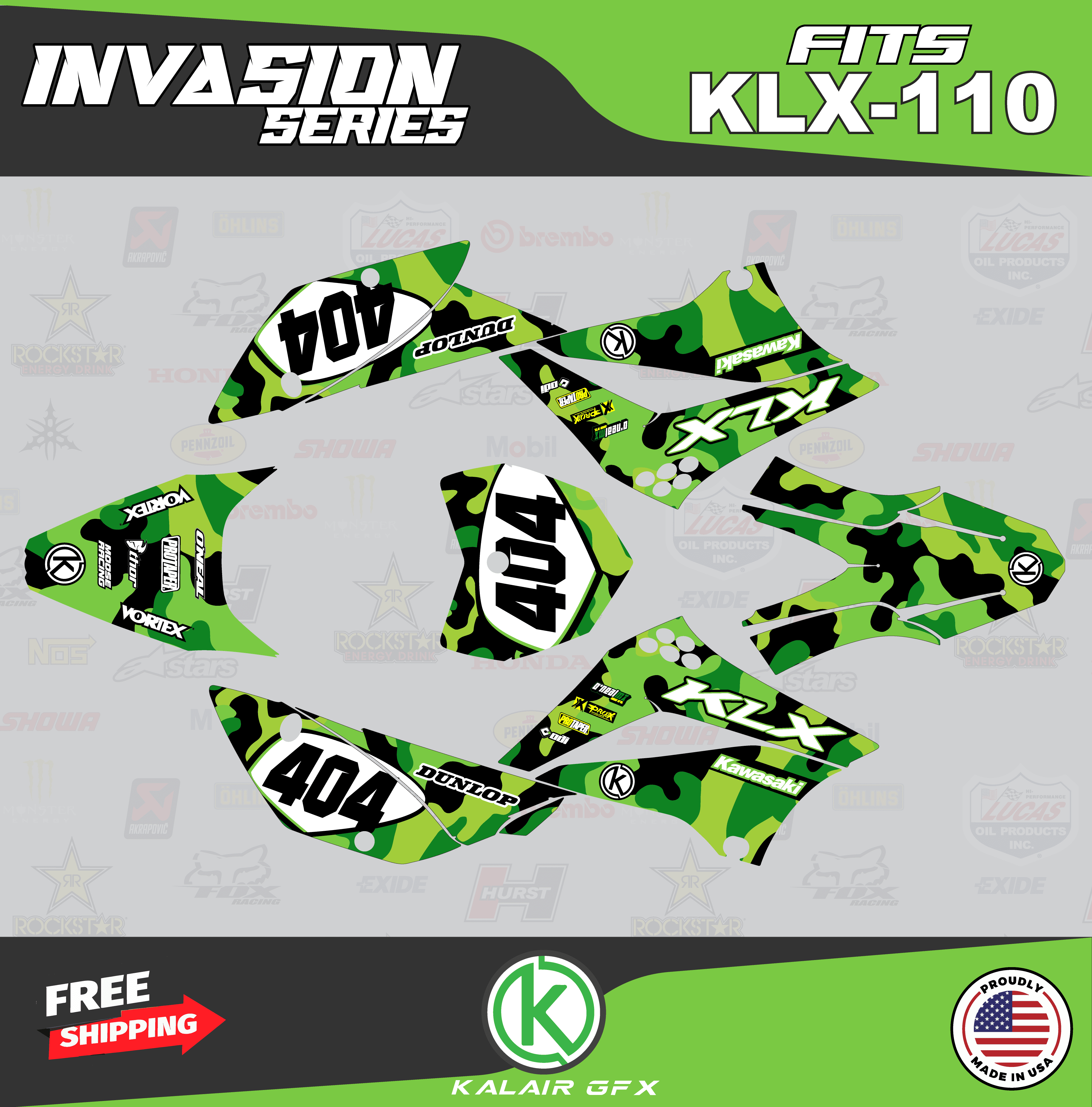 Kalair GFX Graphics Kit for Kawasaki KLX110 (2010-2023) Invasion Series ...