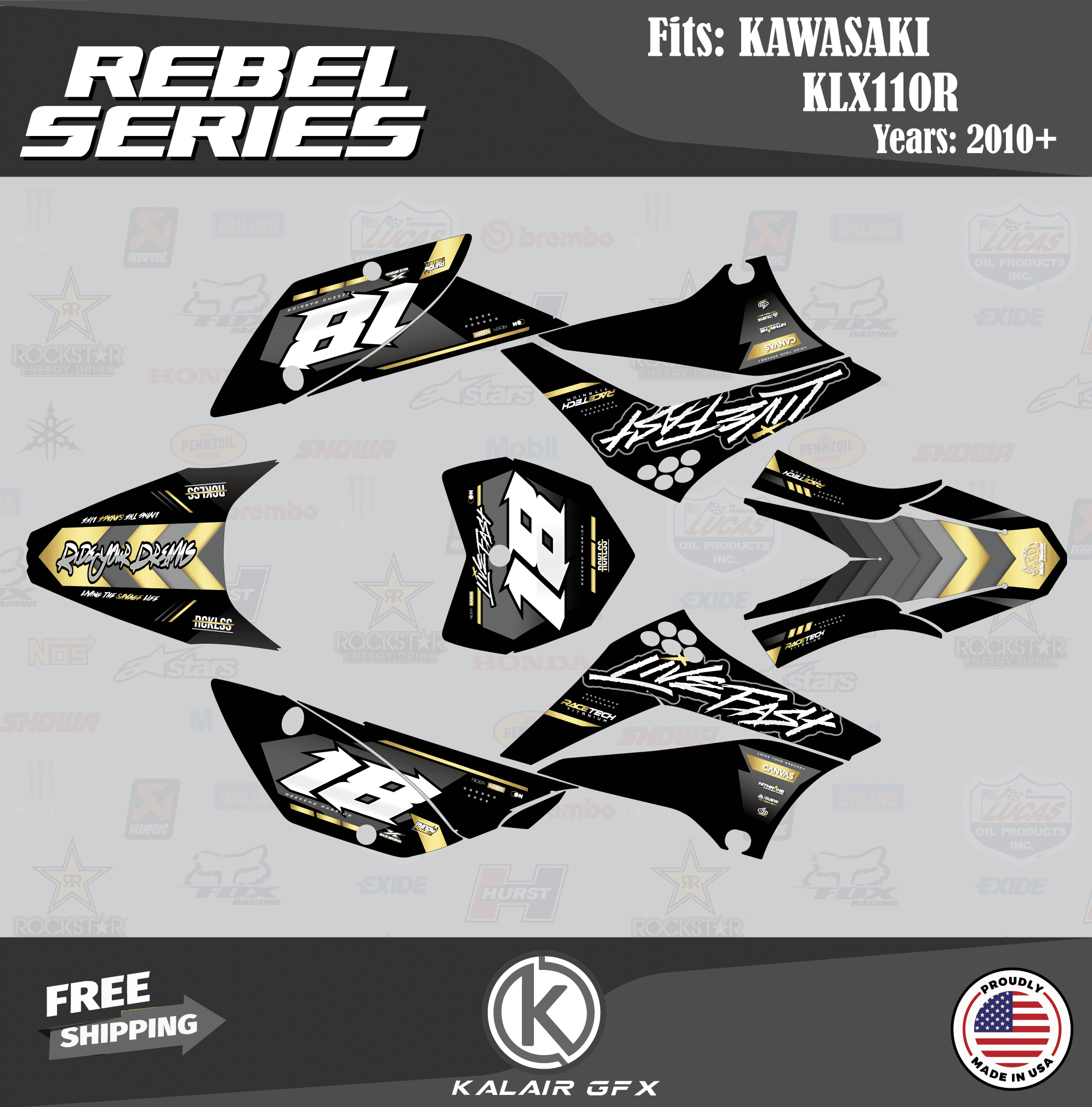Kalair GFX Graphics Kit for Kawasaki KLX110 (2010-2023) Rebel Series ...