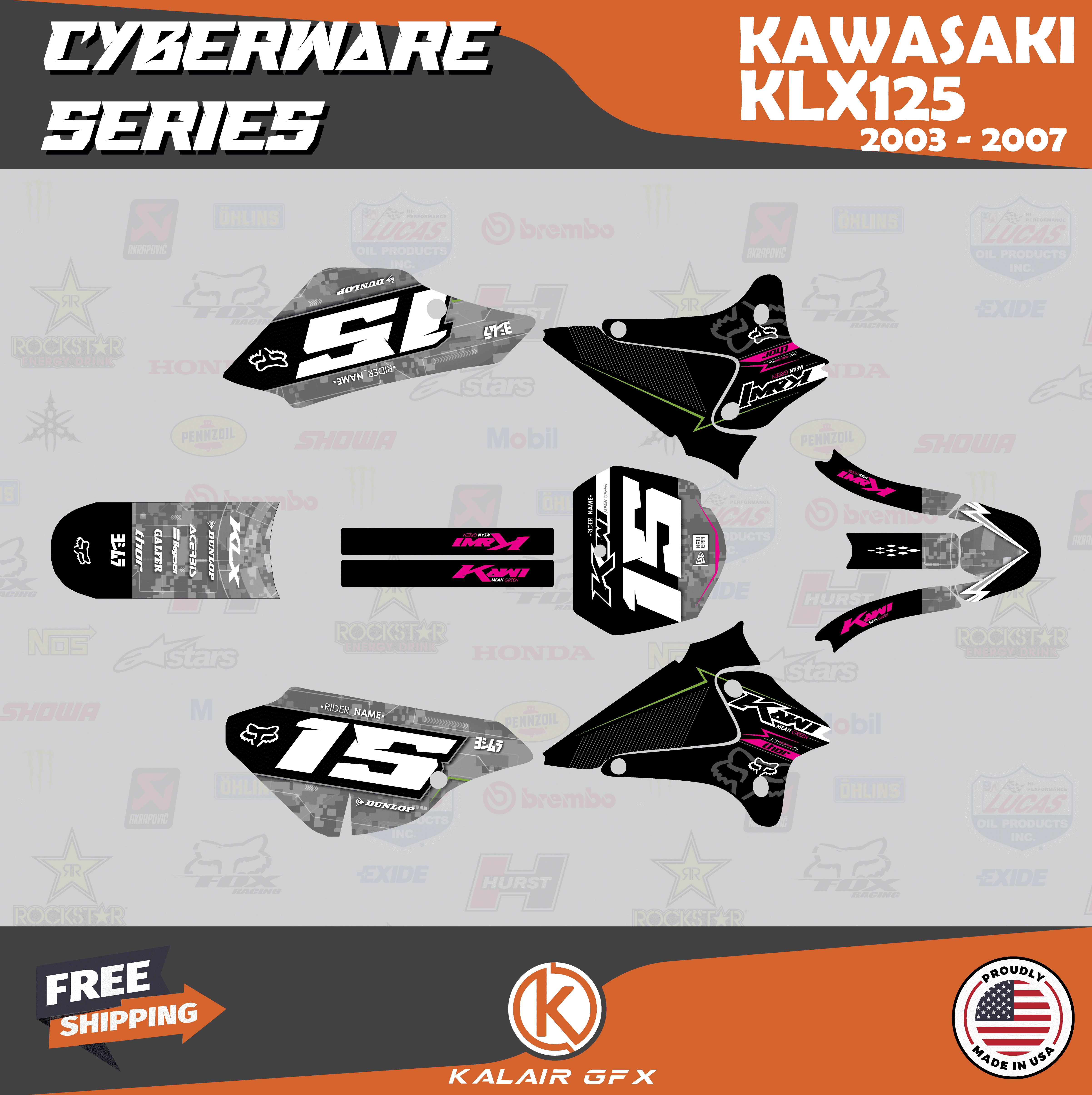 Kalair GFX Graphics Kit for Kawasaki KLX125 (2003-2007) Cyberware ...