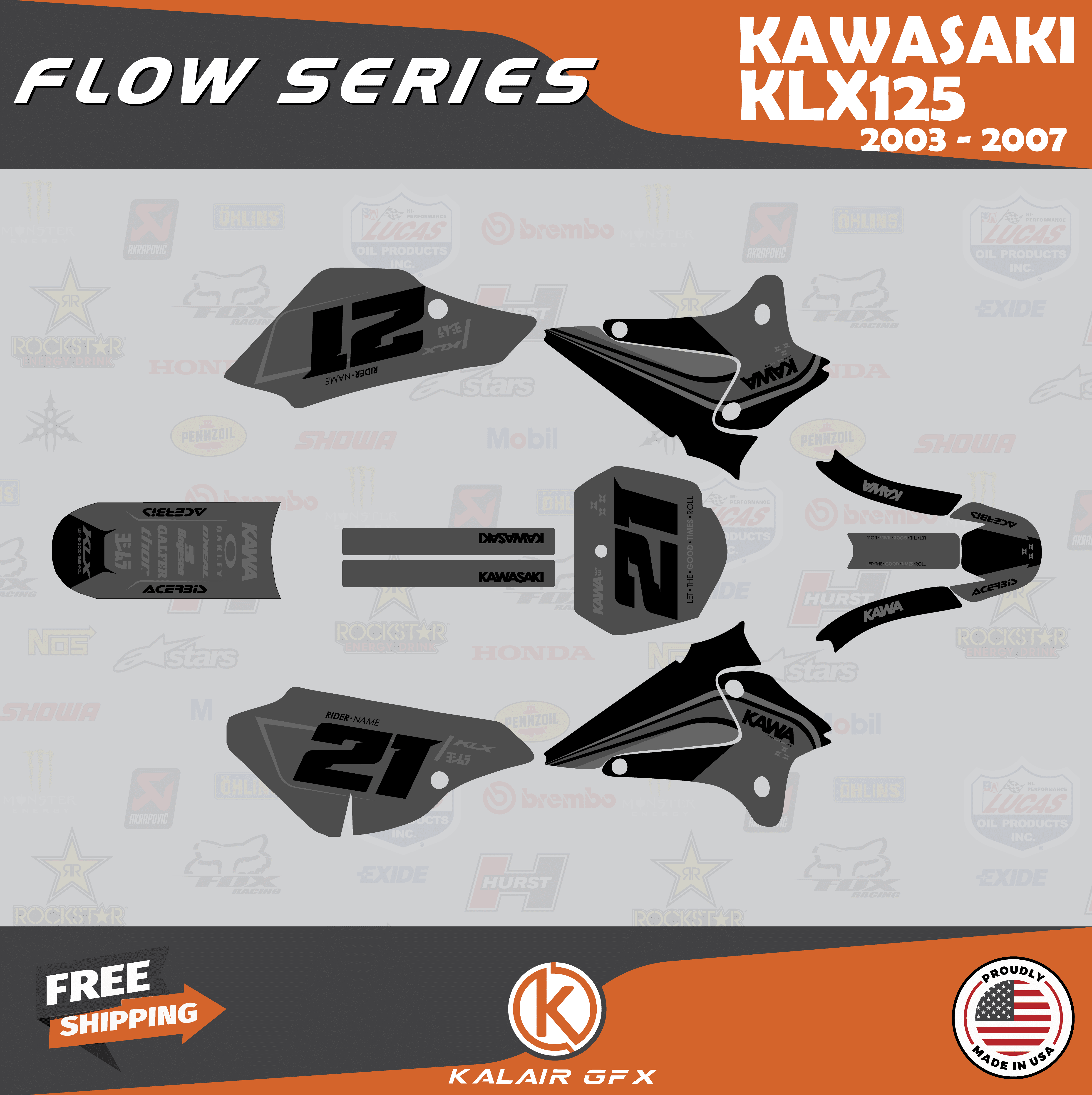 Kalair GFX Graphics Kit for Kawasaki KLX125 (2003-2007) Flow Series ...