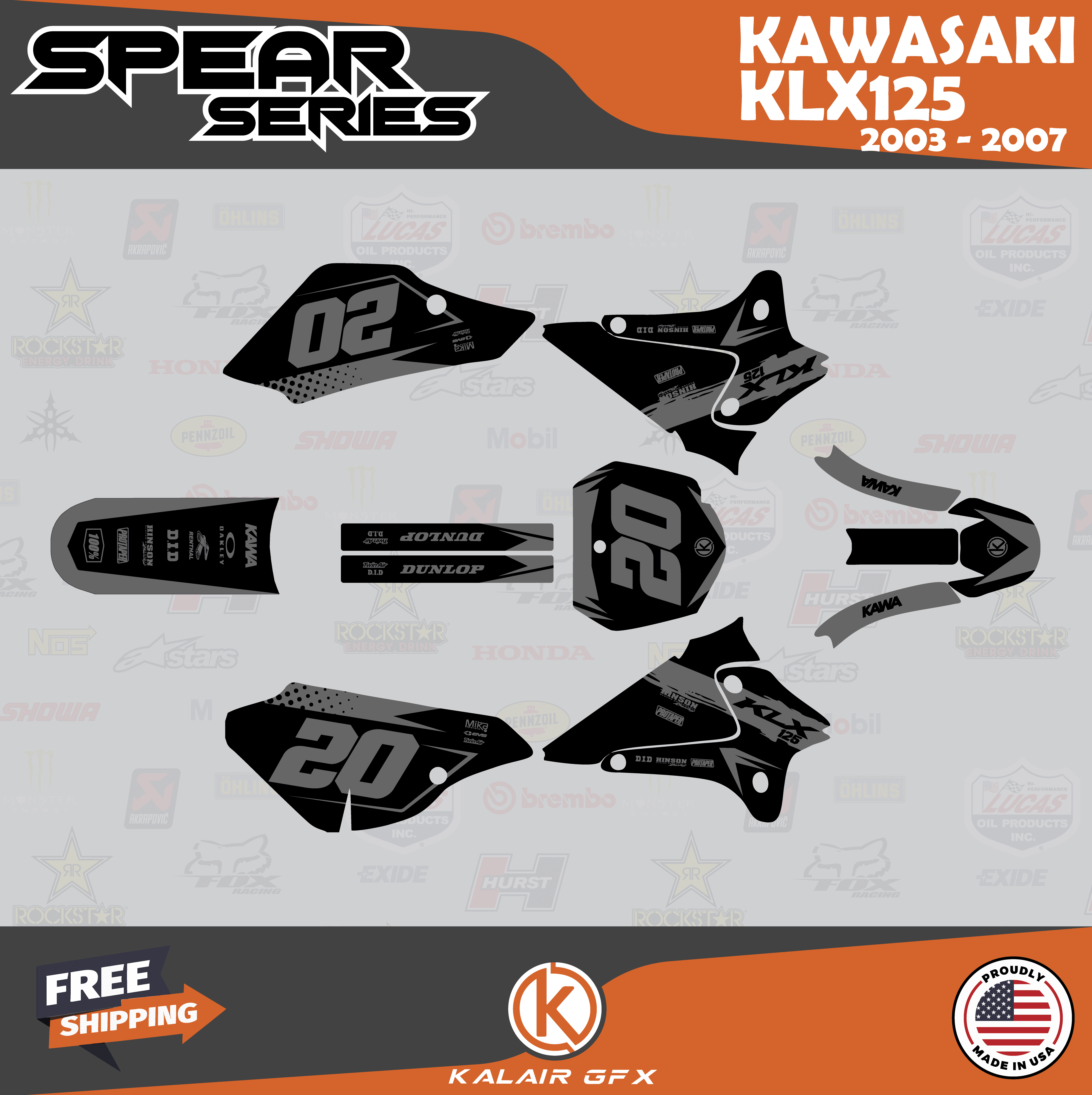 Kalair GFX Graphics Kit for Kawasaki KLX125 (2003-2007) Spear Series ...
