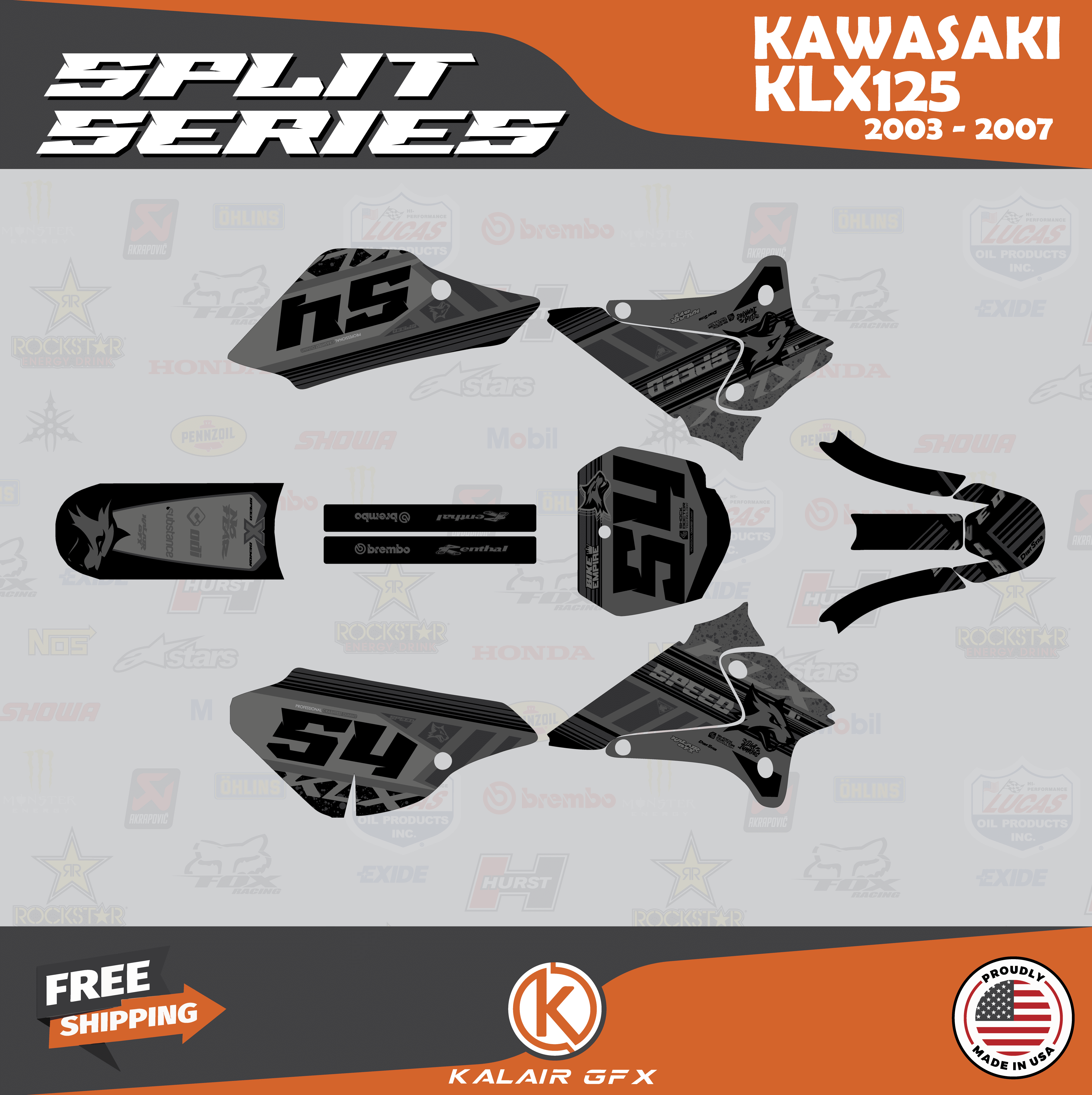 Kalair GFX Graphics Kit for Kawasaki KLX125 (2003-2007) Split Series ...