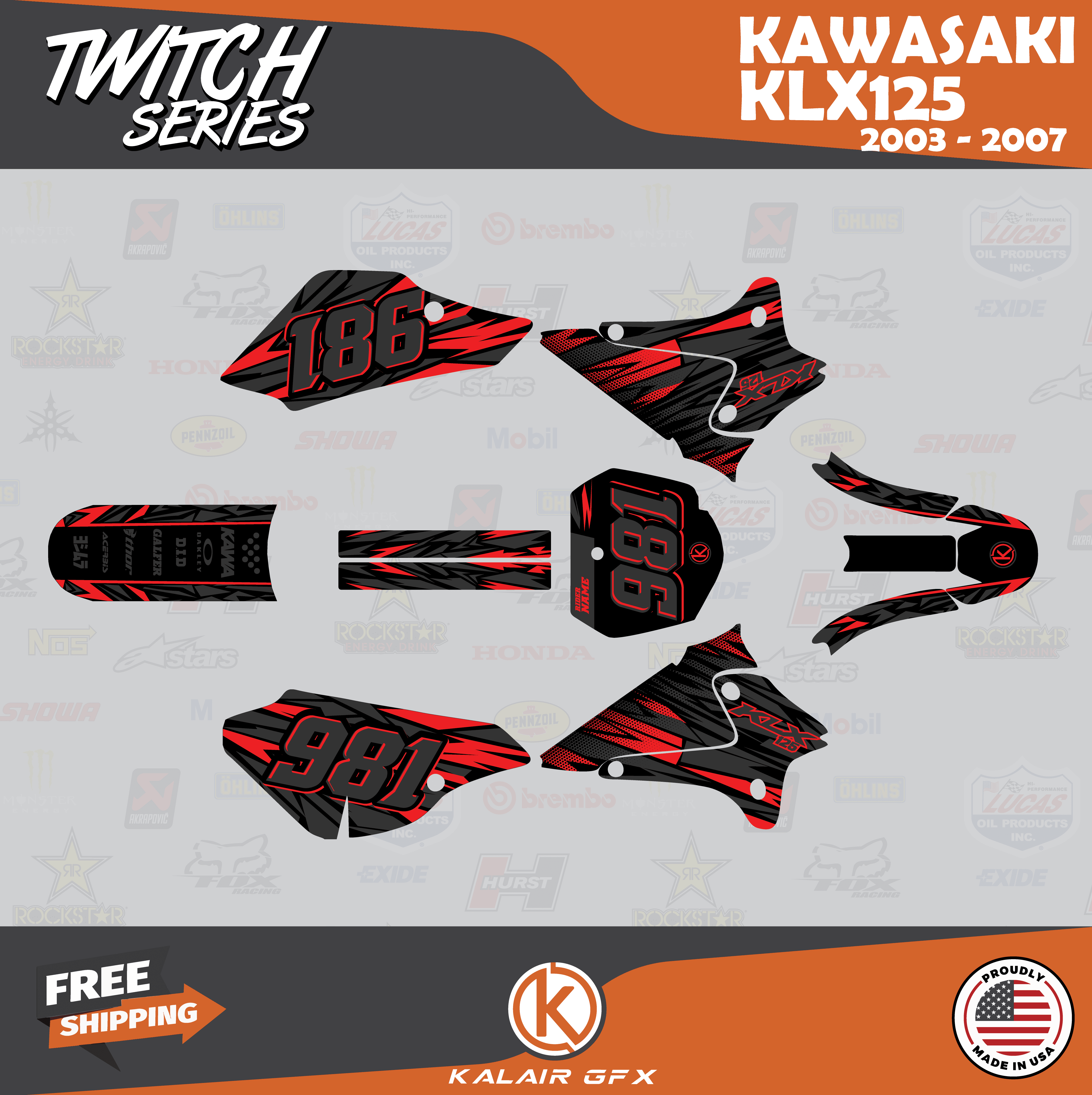 Kalair GFX Graphics Kit for Kawasaki KLX125 (2003-2007) Twitch Series ...
