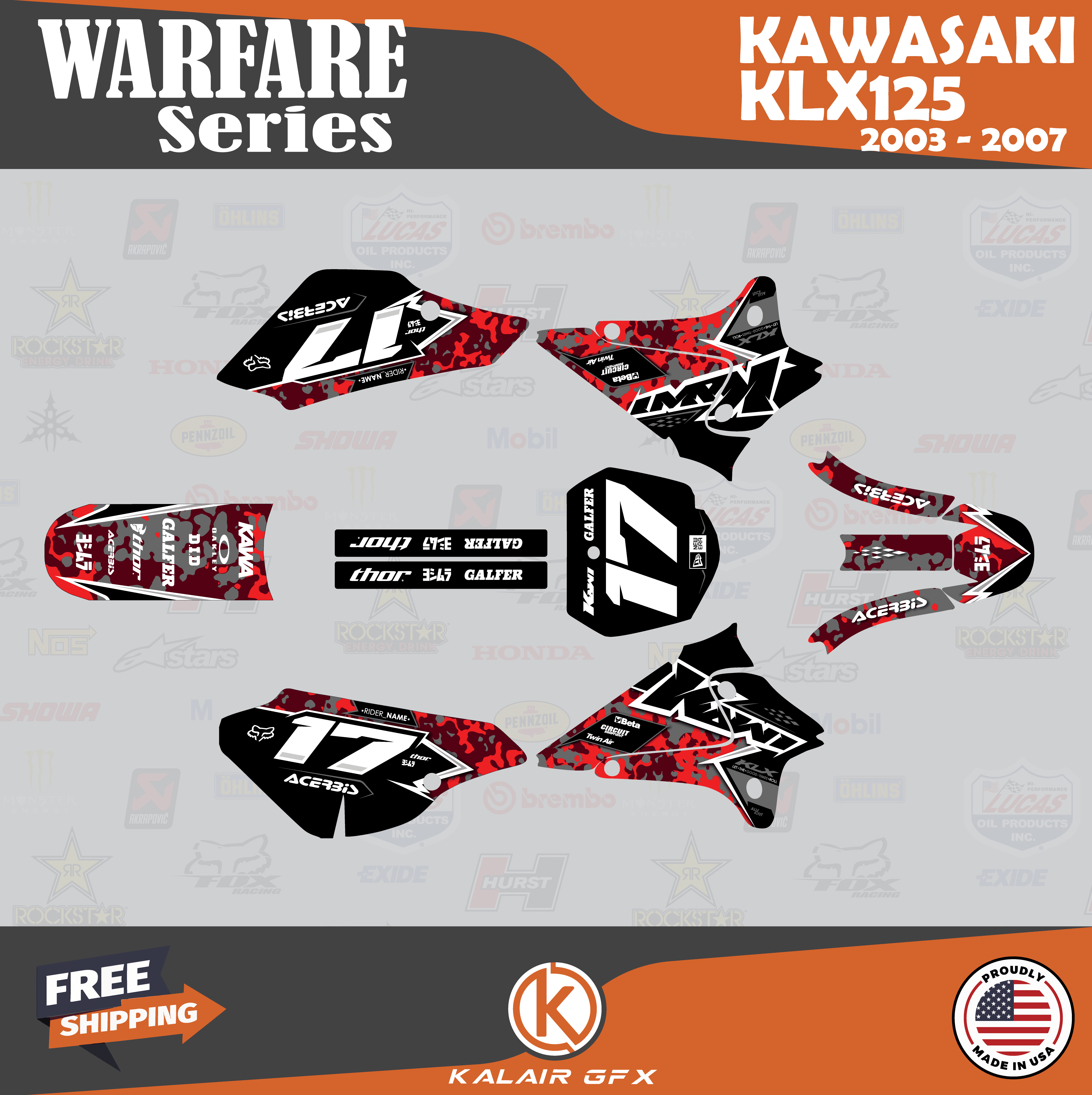 Kalair GFX Graphics Kit for Kawasaki KLX125 (2003-2007) Warfare Series ...