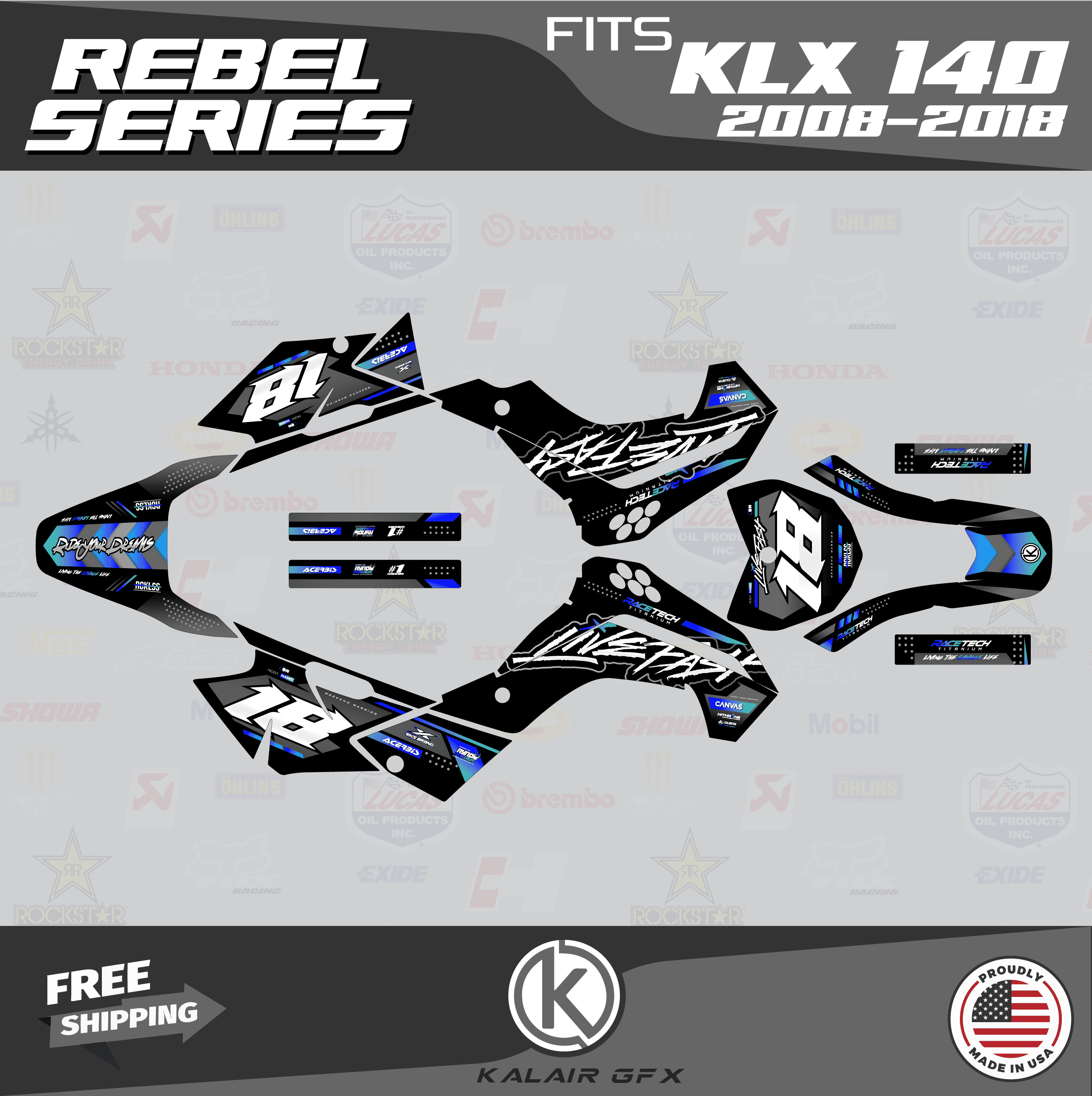 Kalair GFX Graphics Kit for Kawasaki KLX140 (2008-2018) Rebel Series ...