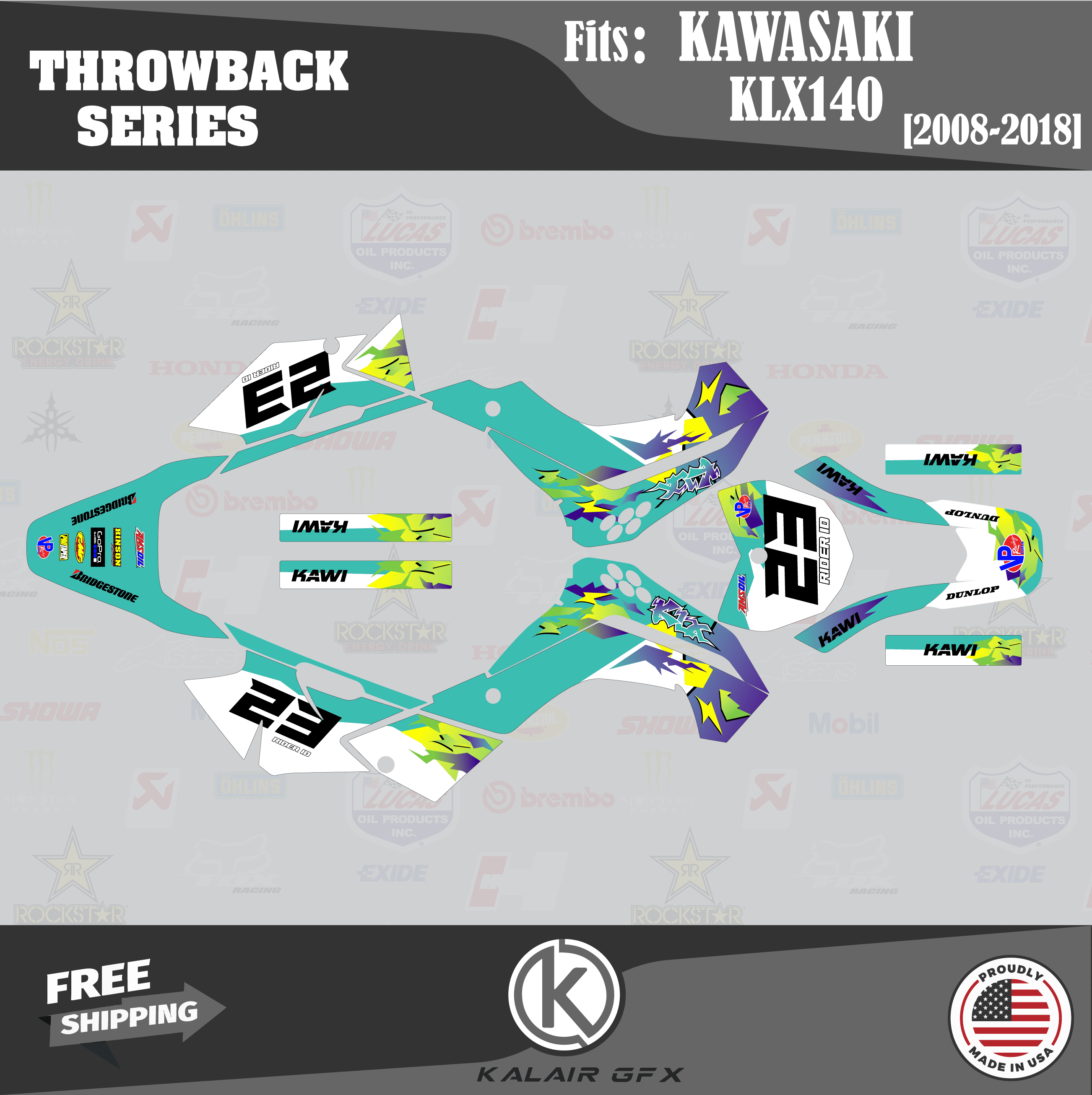 Kalair GFX Graphics Kit for Kawasaki KLX140 (2008-2018) Throwback ...