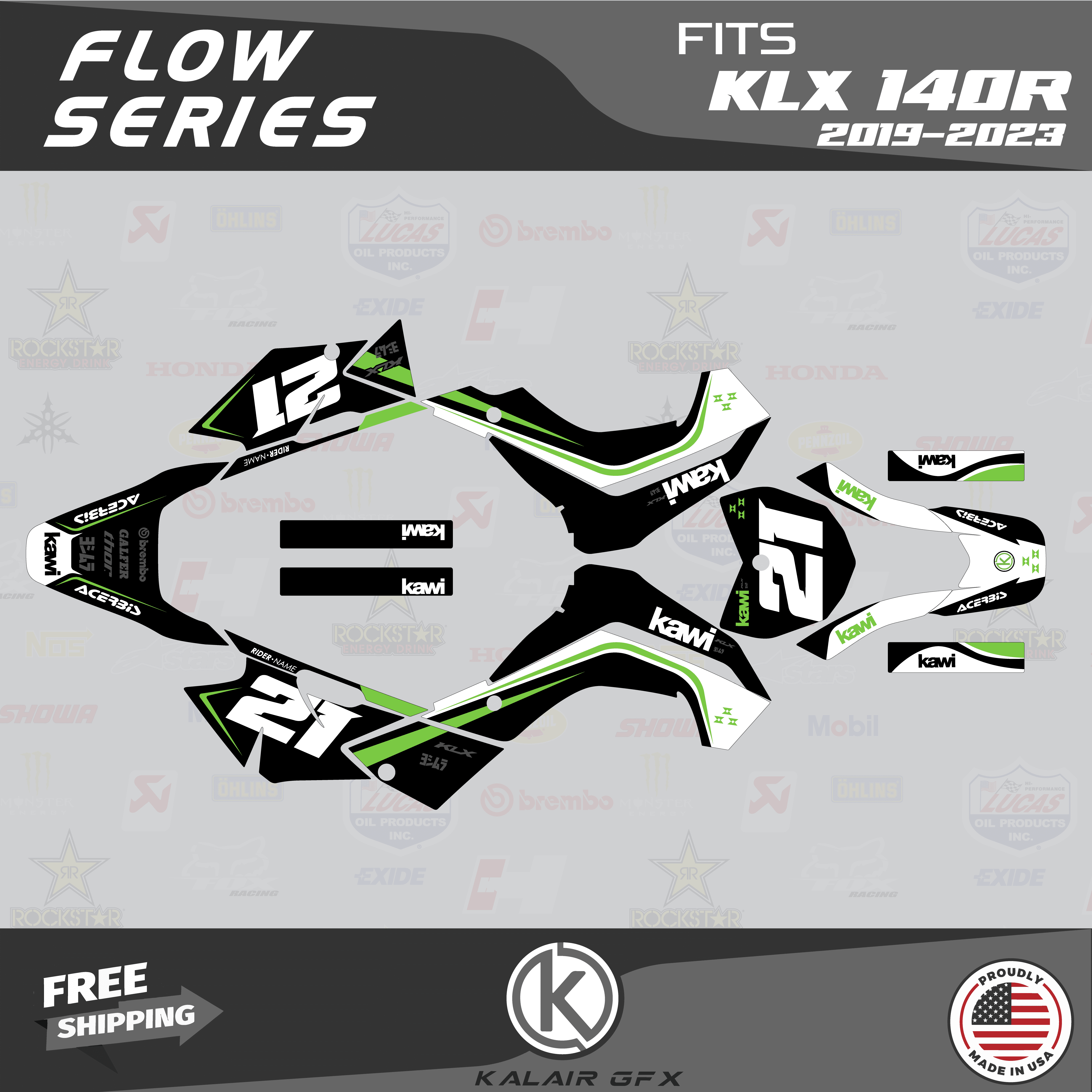 Kalair GFX Graphics Kit for Kawasaki KLX140R (2019-2023) Flow Series - Walmart.com