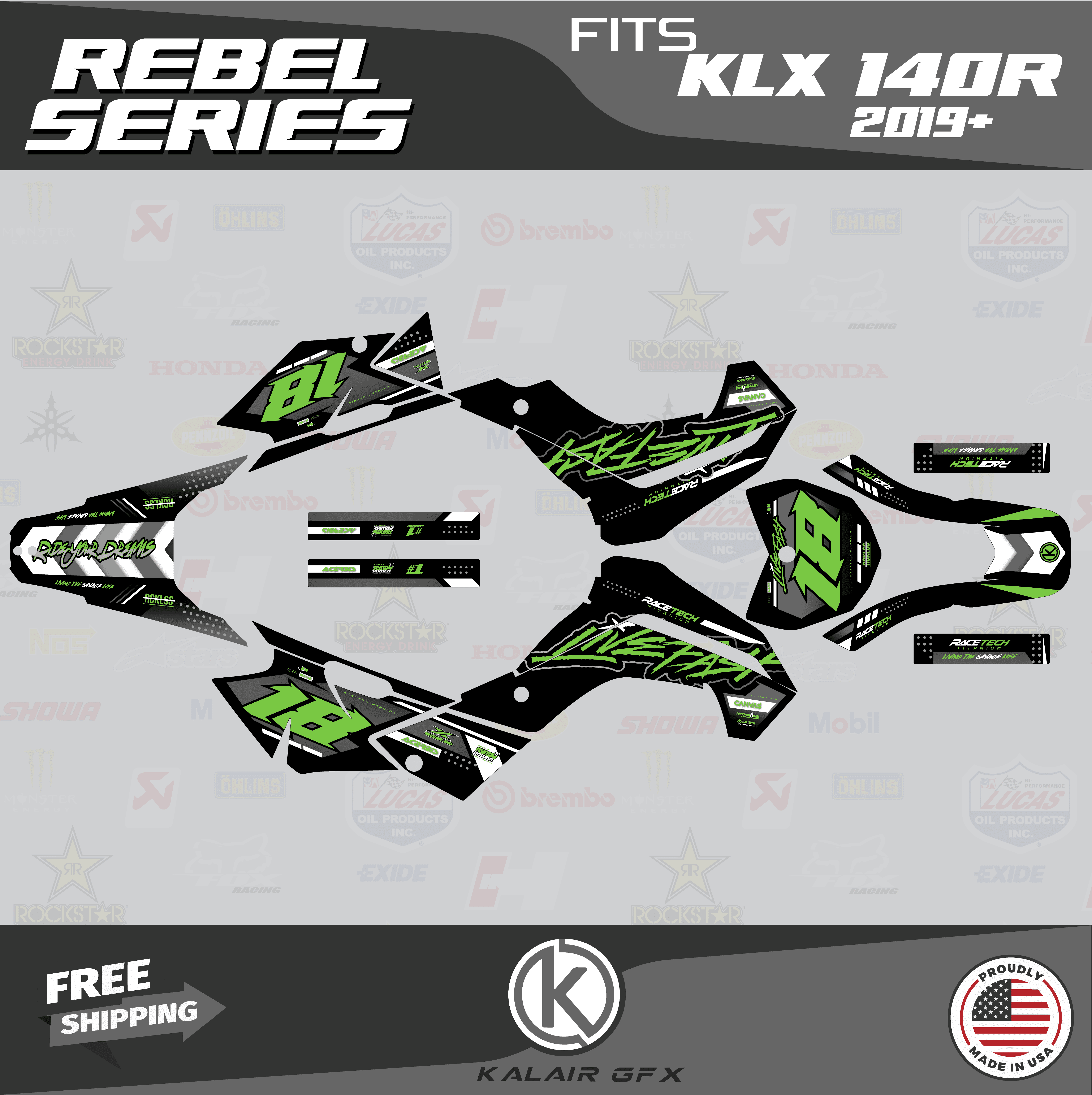 Kalair GFX Graphics Kit for Kawasaki KLX140R (2019-2023) Rebel Series ...