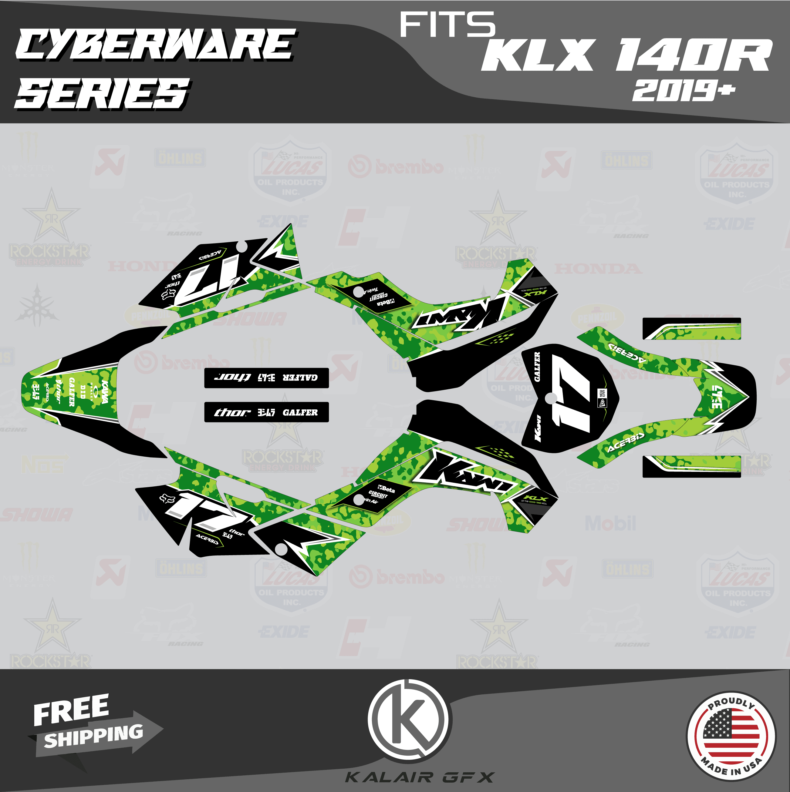 Kalair GFX Graphics Kit for Kawasaki KLX140R (2019+) Cyberware Series ...