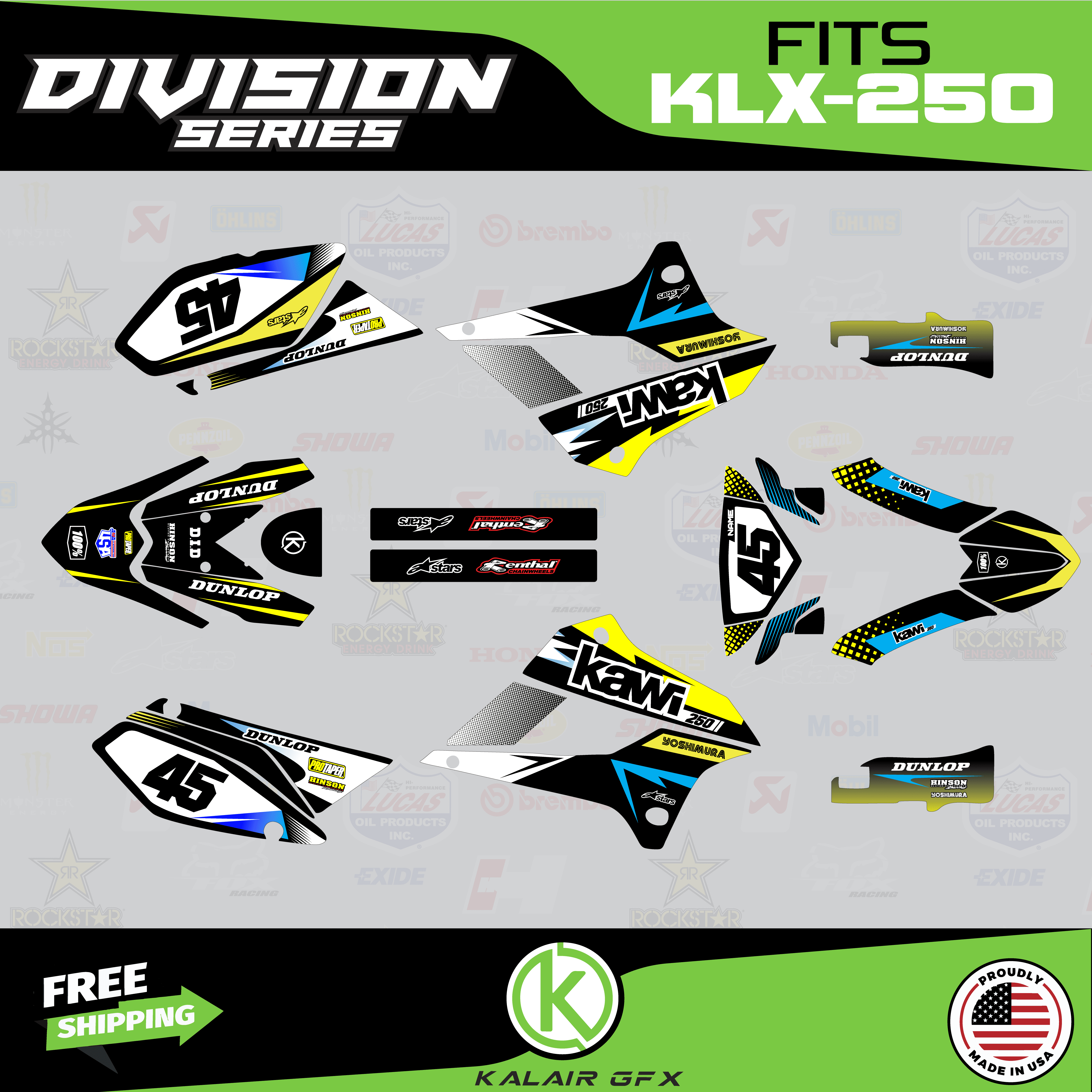 Kalair GFX Graphics Kit for Kawasaki KLX250 (2008-2020) Division Series ...