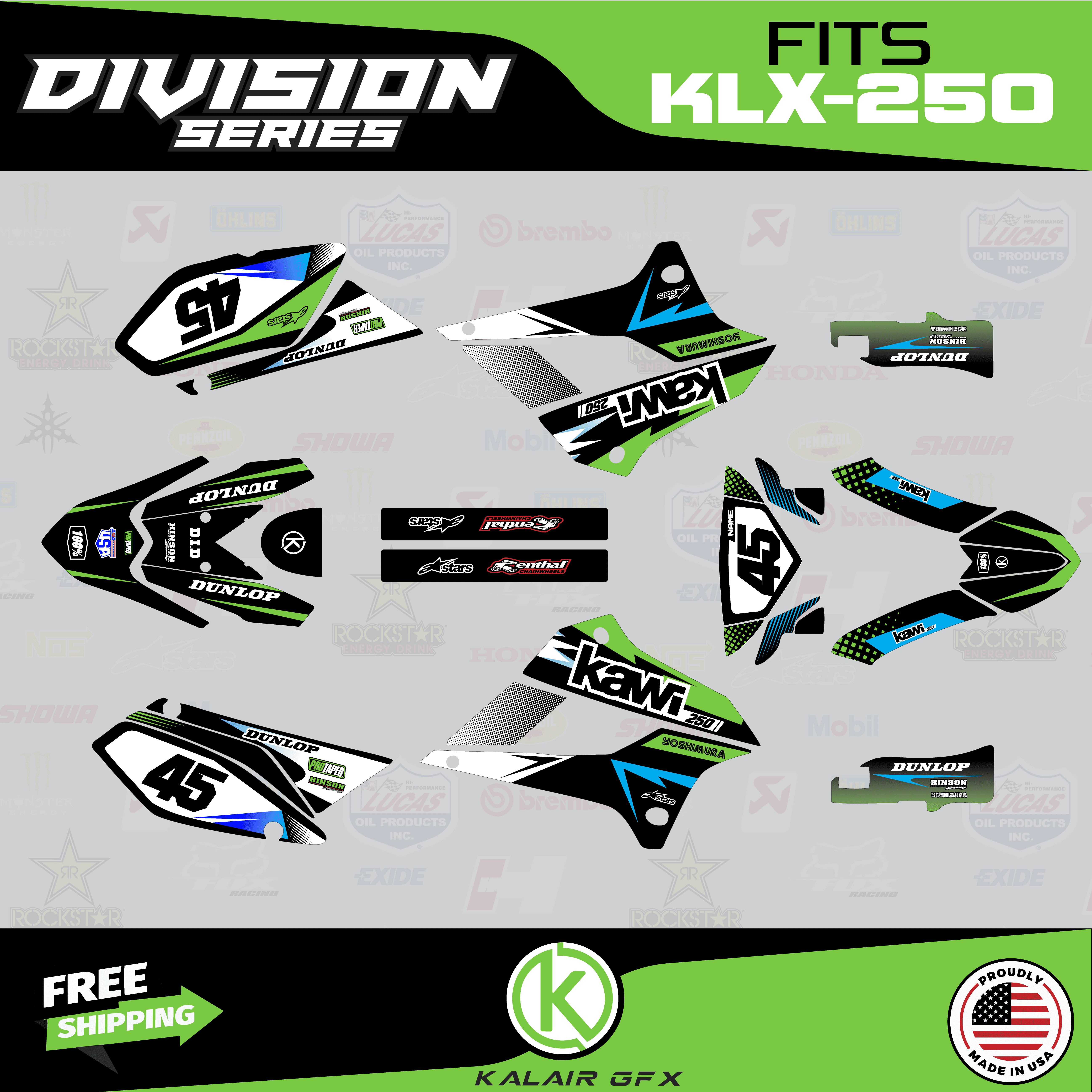 Kalair GFX Graphics Kit for Kawasaki KLX250 (2008-2020) Division Series ...