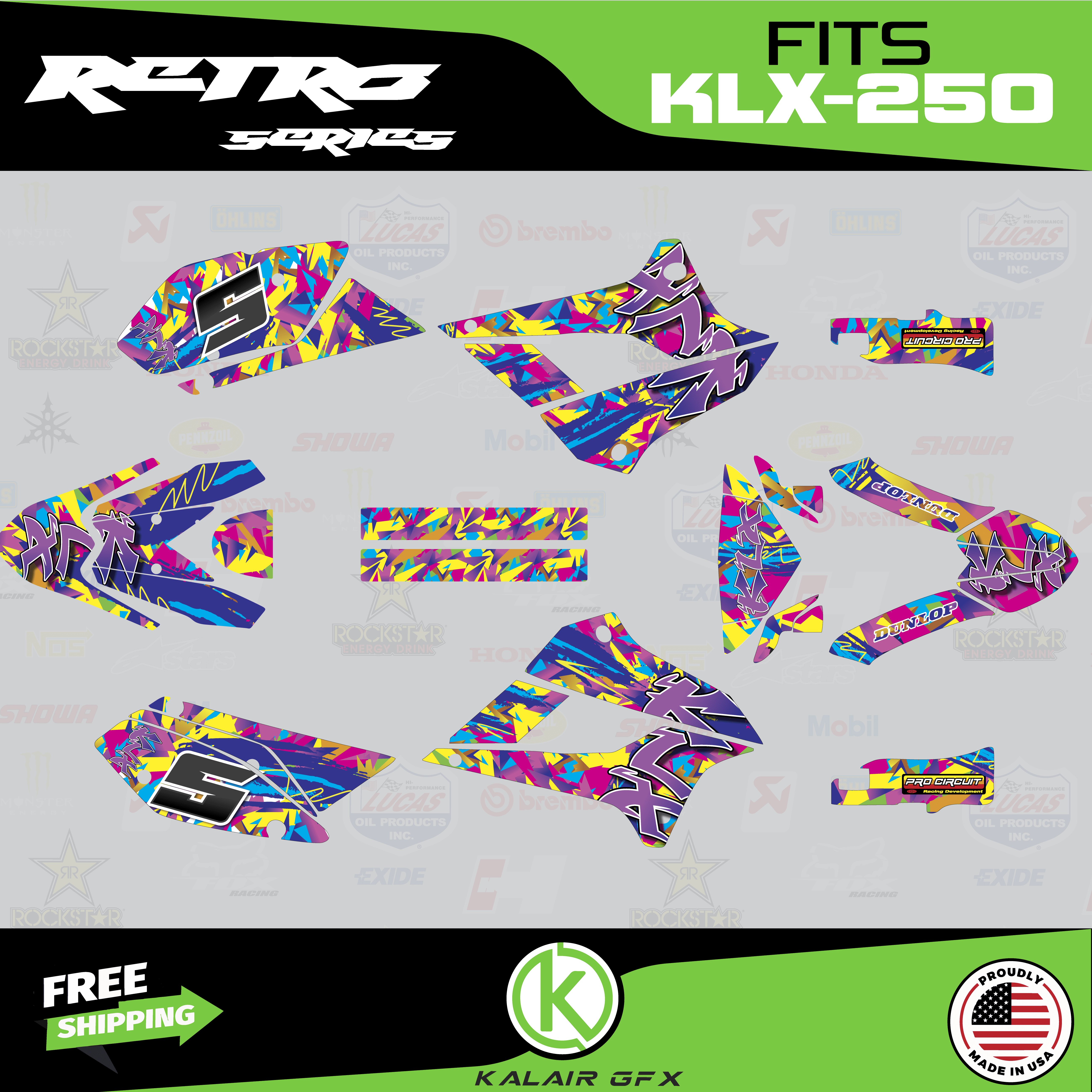 Kalair GFX Graphics Kit for Kawasaki KLX250 (2008-2020) Retro Series ...