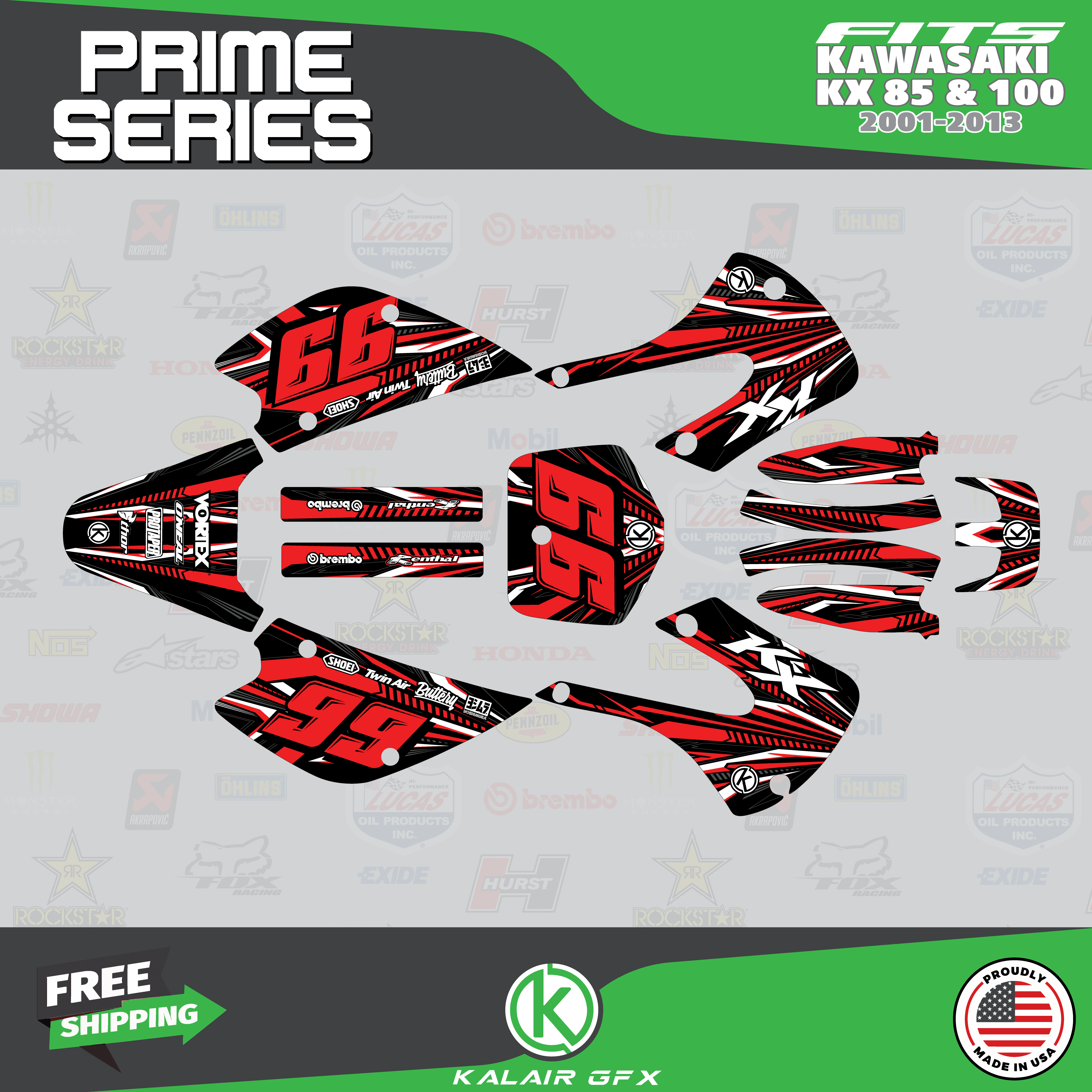 Kalair GFX Graphics Kit for Kawasaki KX100 (2001-2013) Prime Series - Walmart.com
