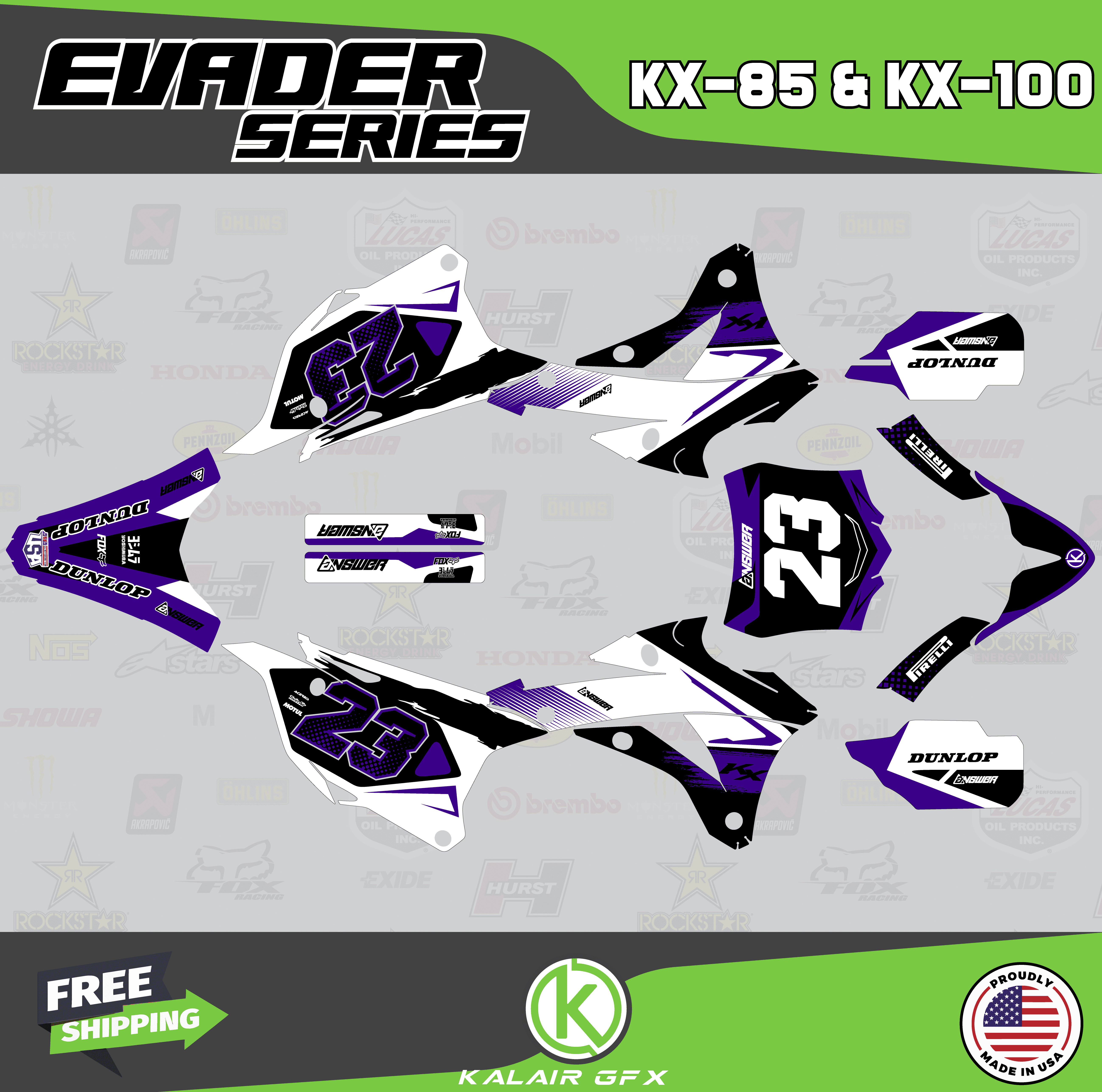 Kalair GFX Graphics Kit for Kawasaki KX100 (2014-2021) Evader Series - Walmart.com