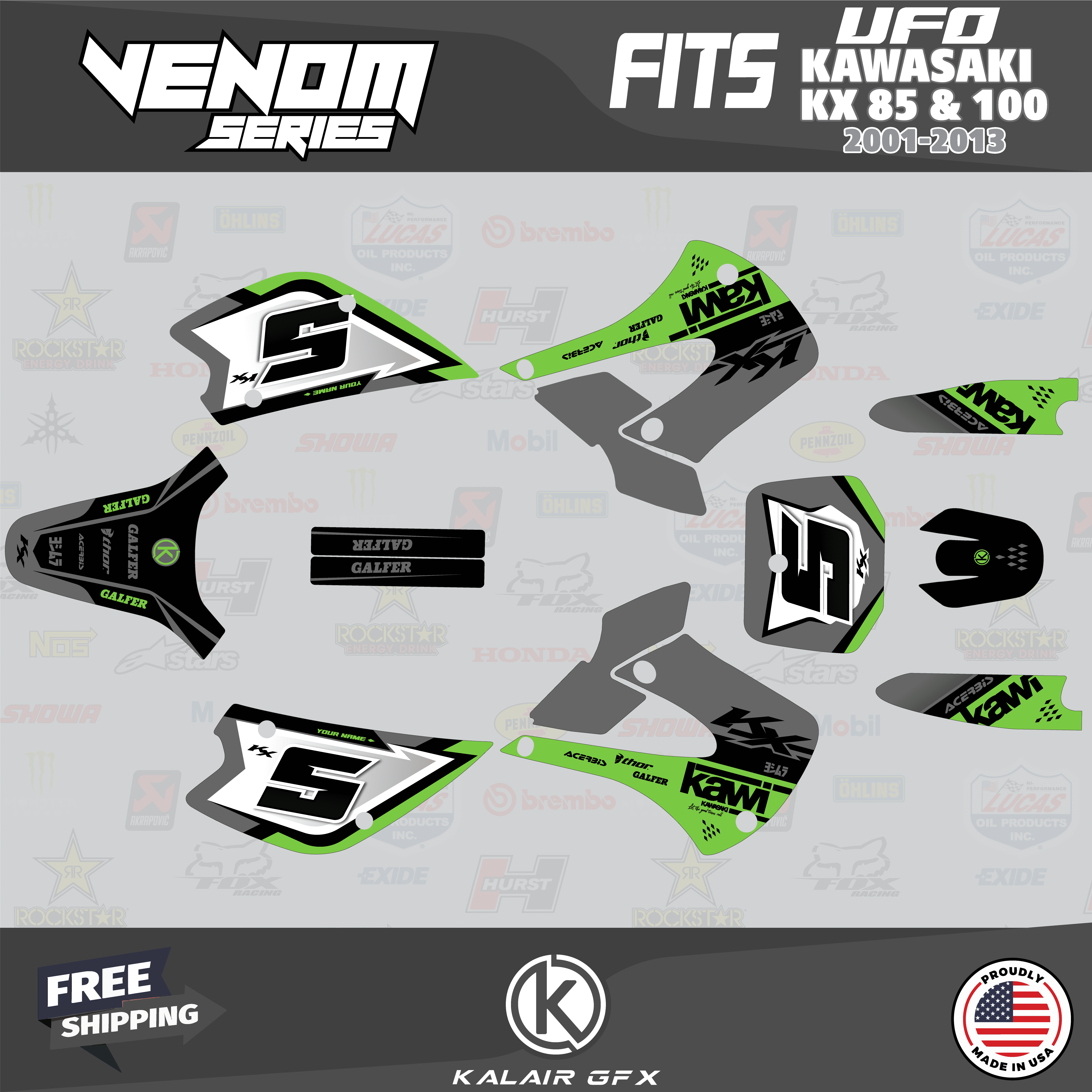 Kalair GFX Graphics Kit for Kawasaki KX100 UFO RESTYLE (2001-2013) Venom Series - Walmart.com
