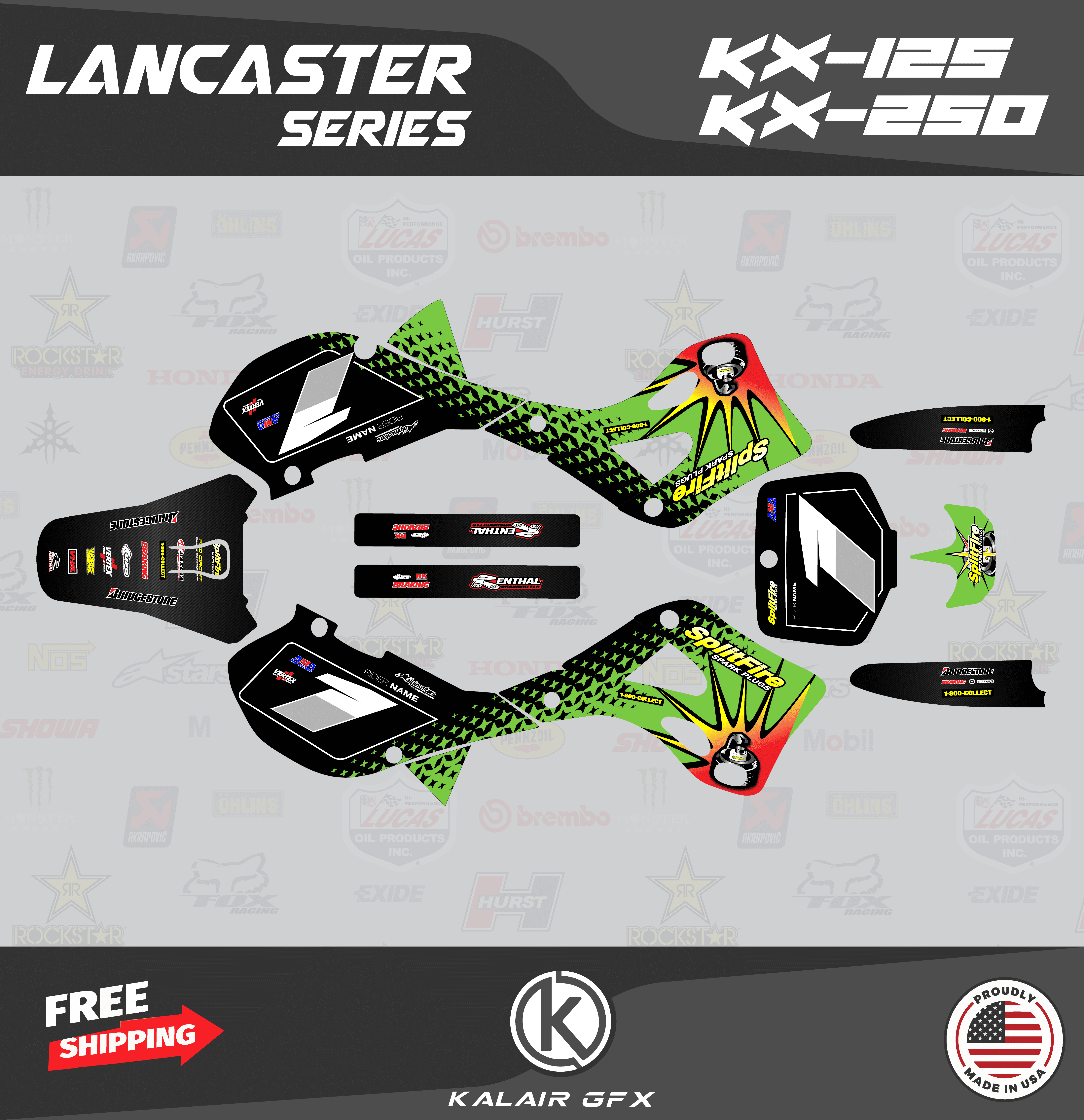 Kalair GFX Graphics Kit for Kawasaki KX125 (1999-2002) Lancaster Series ...