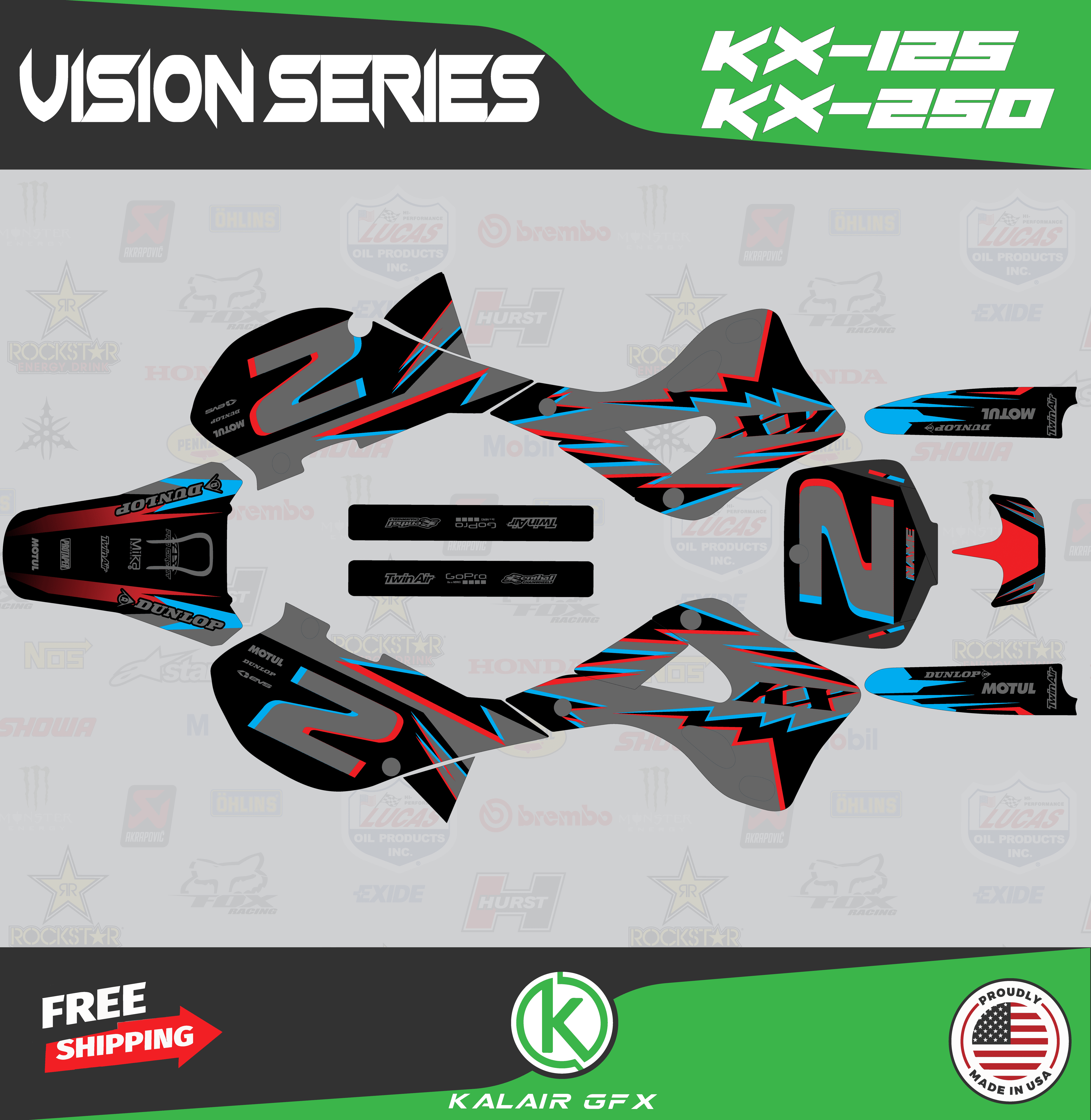 Kalair GFX Graphics Kit for Kawasaki KX125 (1999-2002) Vision Series ...