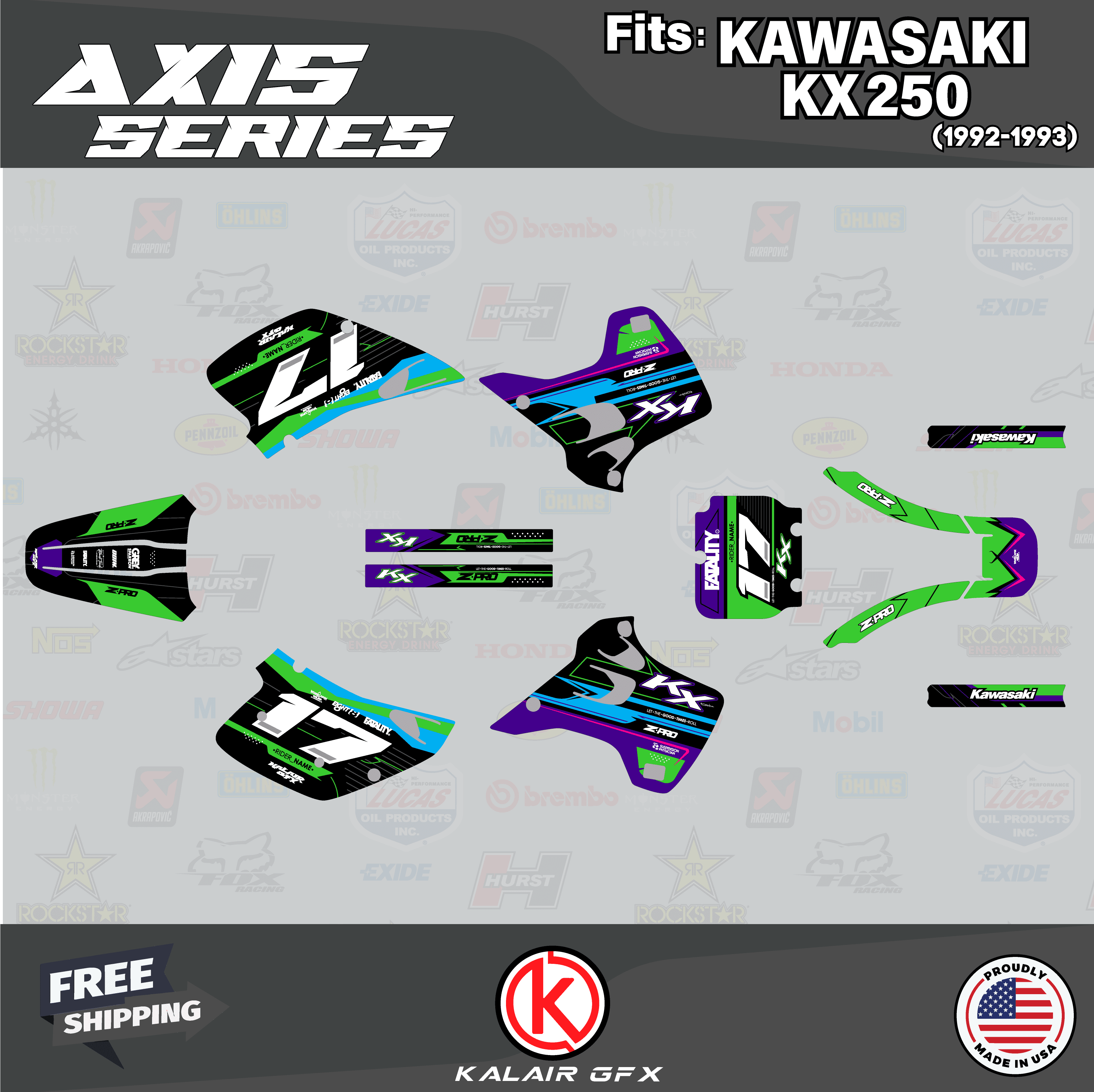 Kalair GFX Graphics Kit for Kawasaki KX250 (1992-1993) Axis Series ...