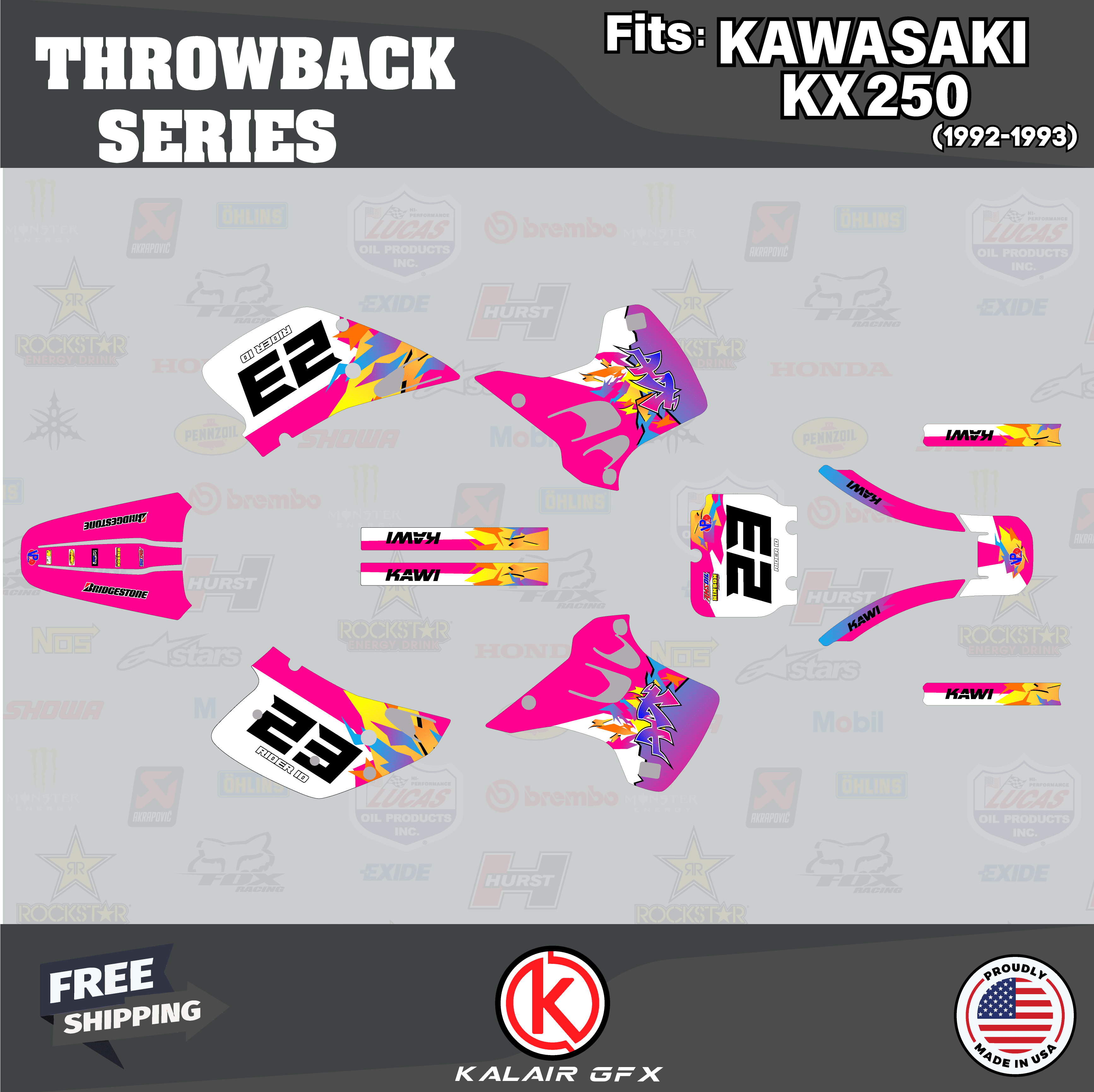 Kalair GFX Graphics Kit for Kawasaki KX250 (1992-1993) Throwback Series ...