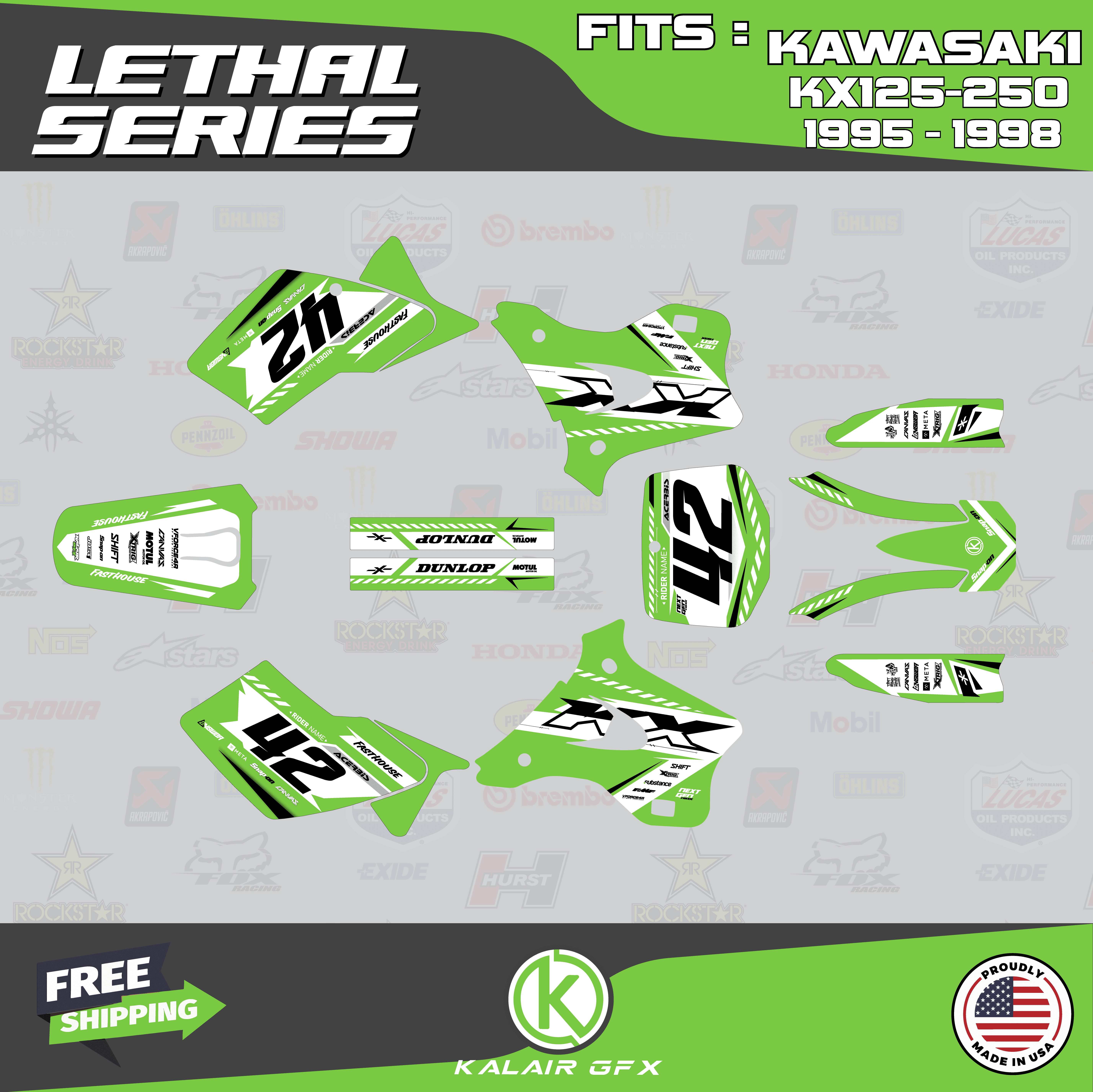 Kalair GFX Graphics Kit for Kawasaki KX250 (1995-1998) Lethal Series ...