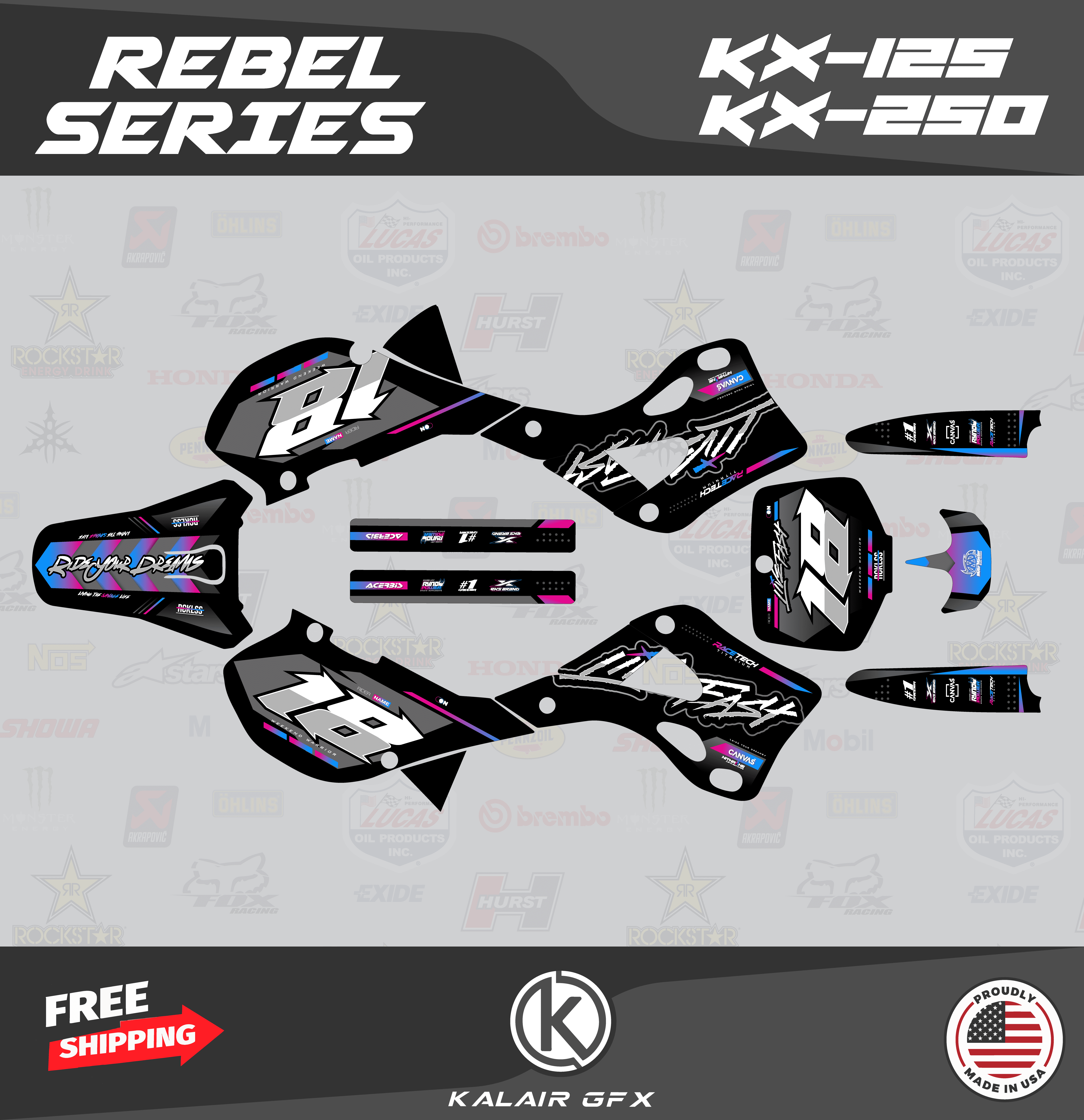 Kalair GFX Graphics Kit for Kawasaki KX250 (1999-2002) Rebel Series ...
