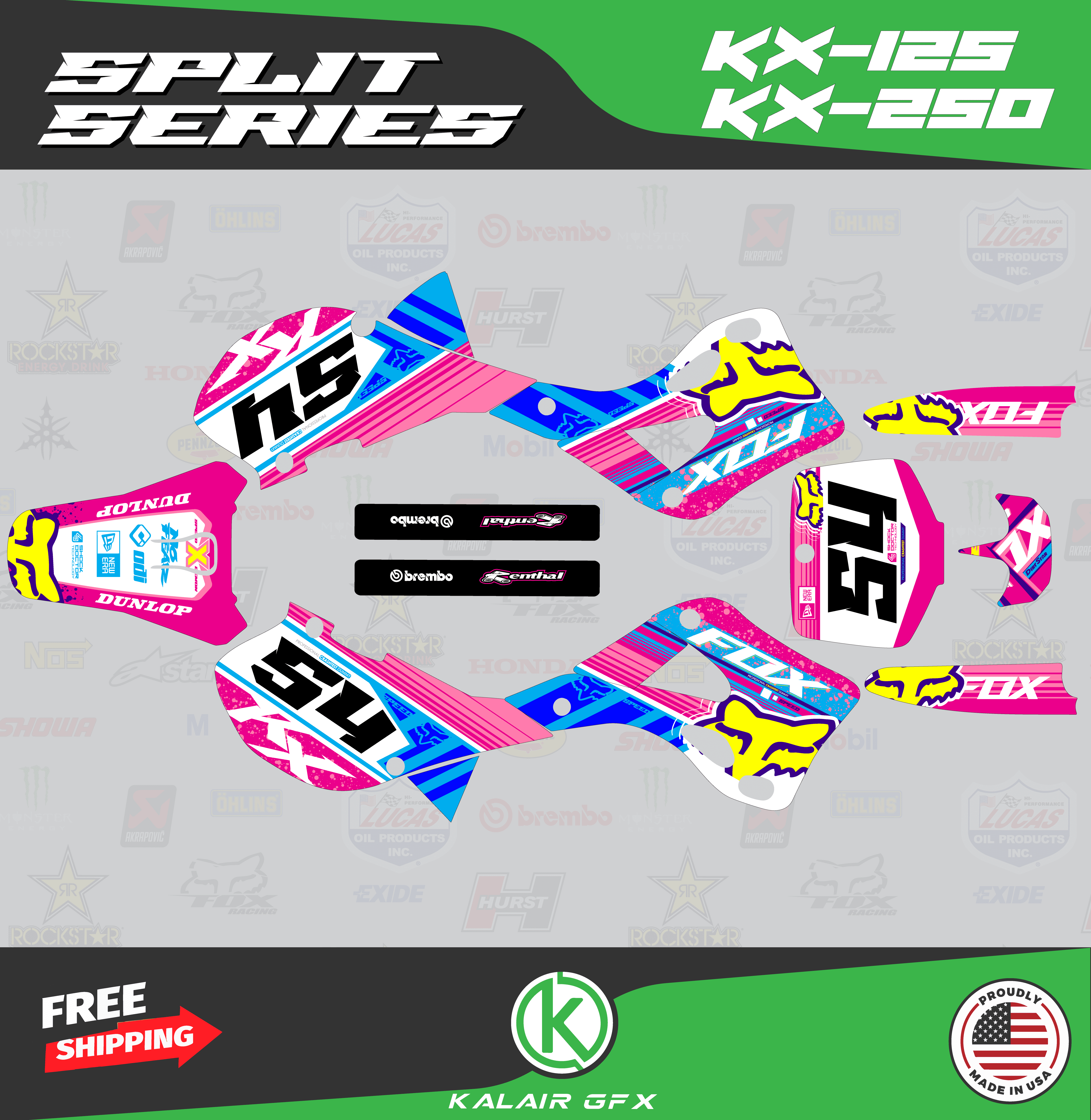 Kalair GFX Graphics Kit for Kawasaki KX250 (1999-2002) Split Series ...
