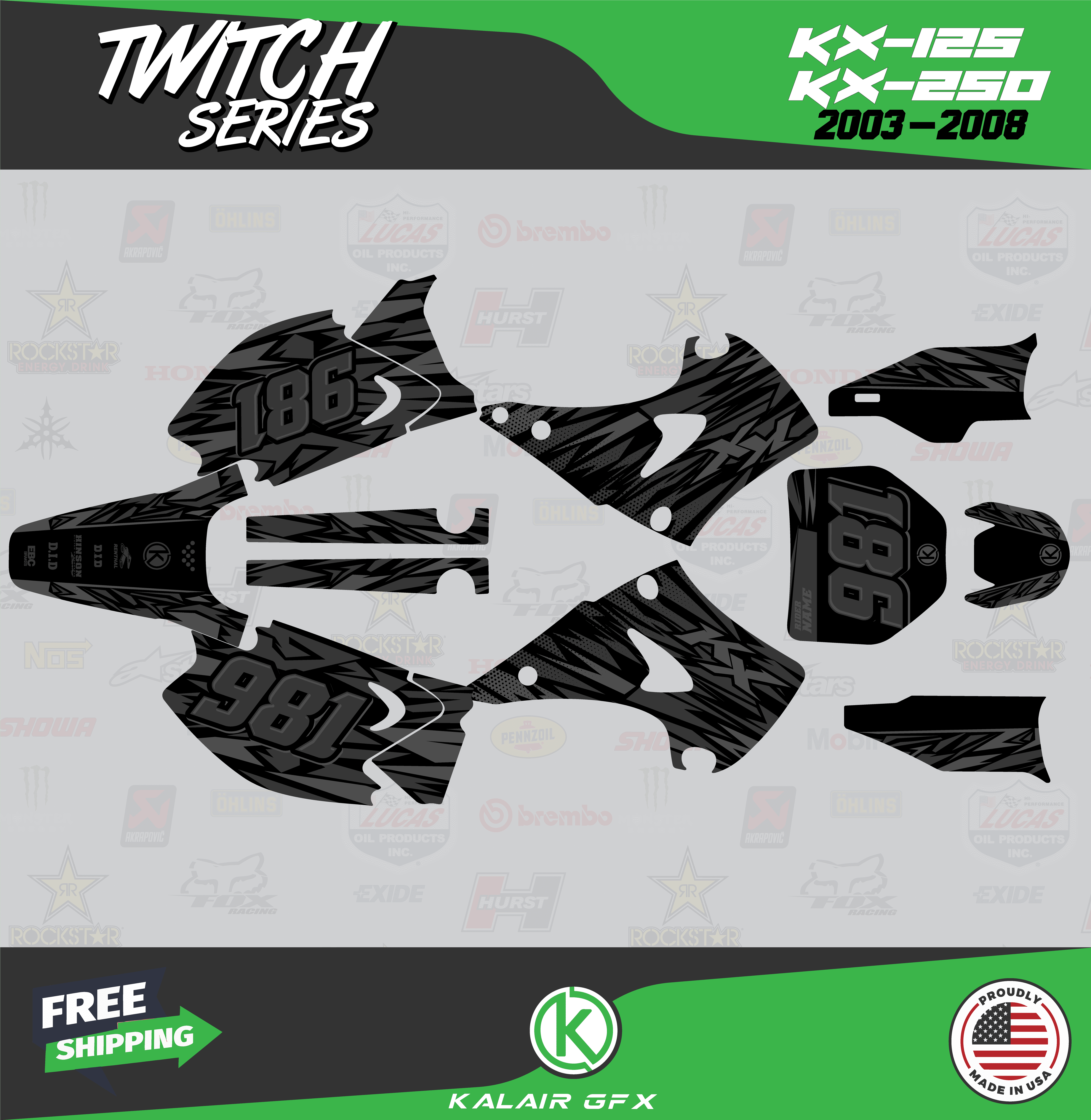 Kalair GFX Graphics Kit for Kawasaki KX250 (2003-2008) Twitch Series ...