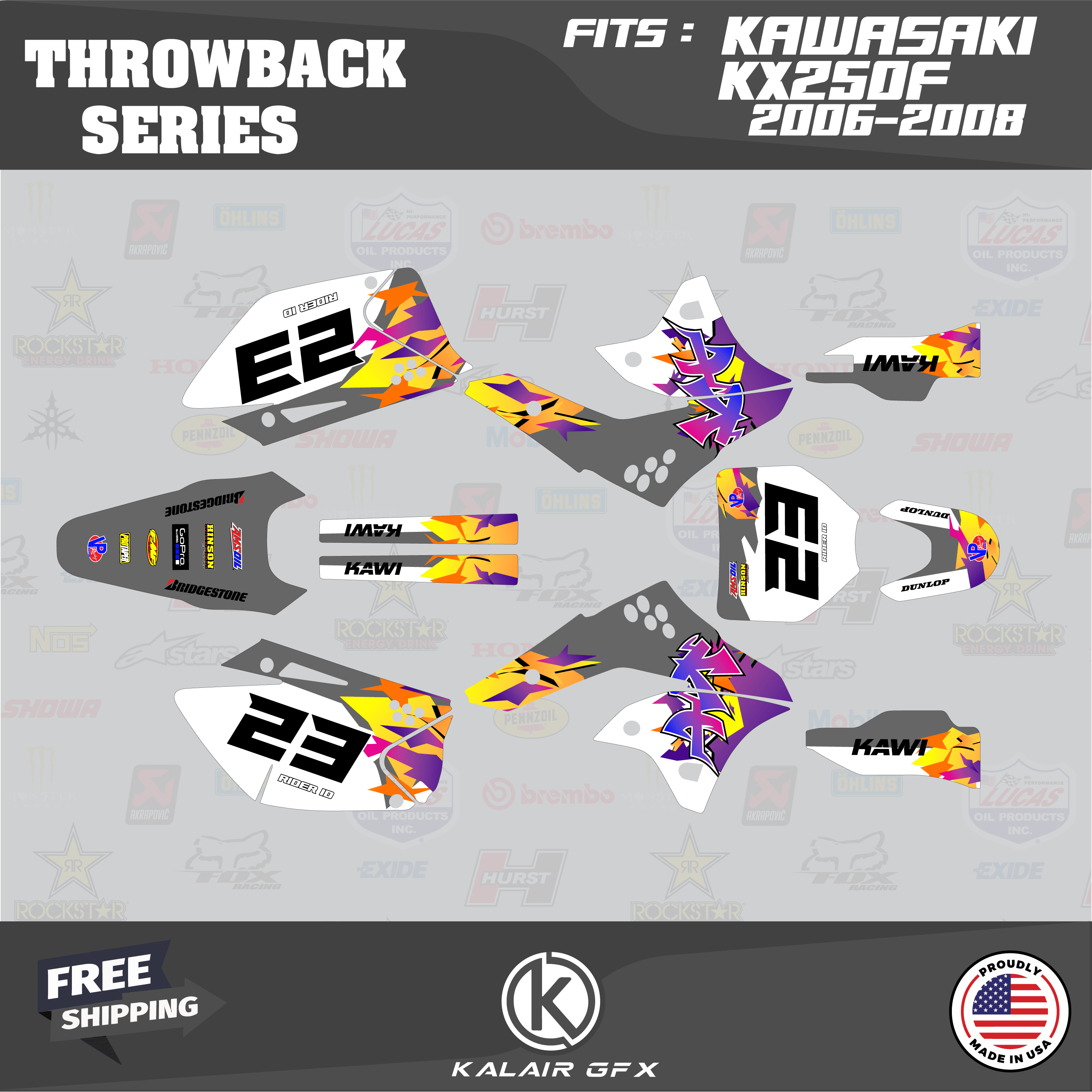 Kalair GFX Graphics Kit for Kawasaki KX250F (2006-2008) Throwback ...