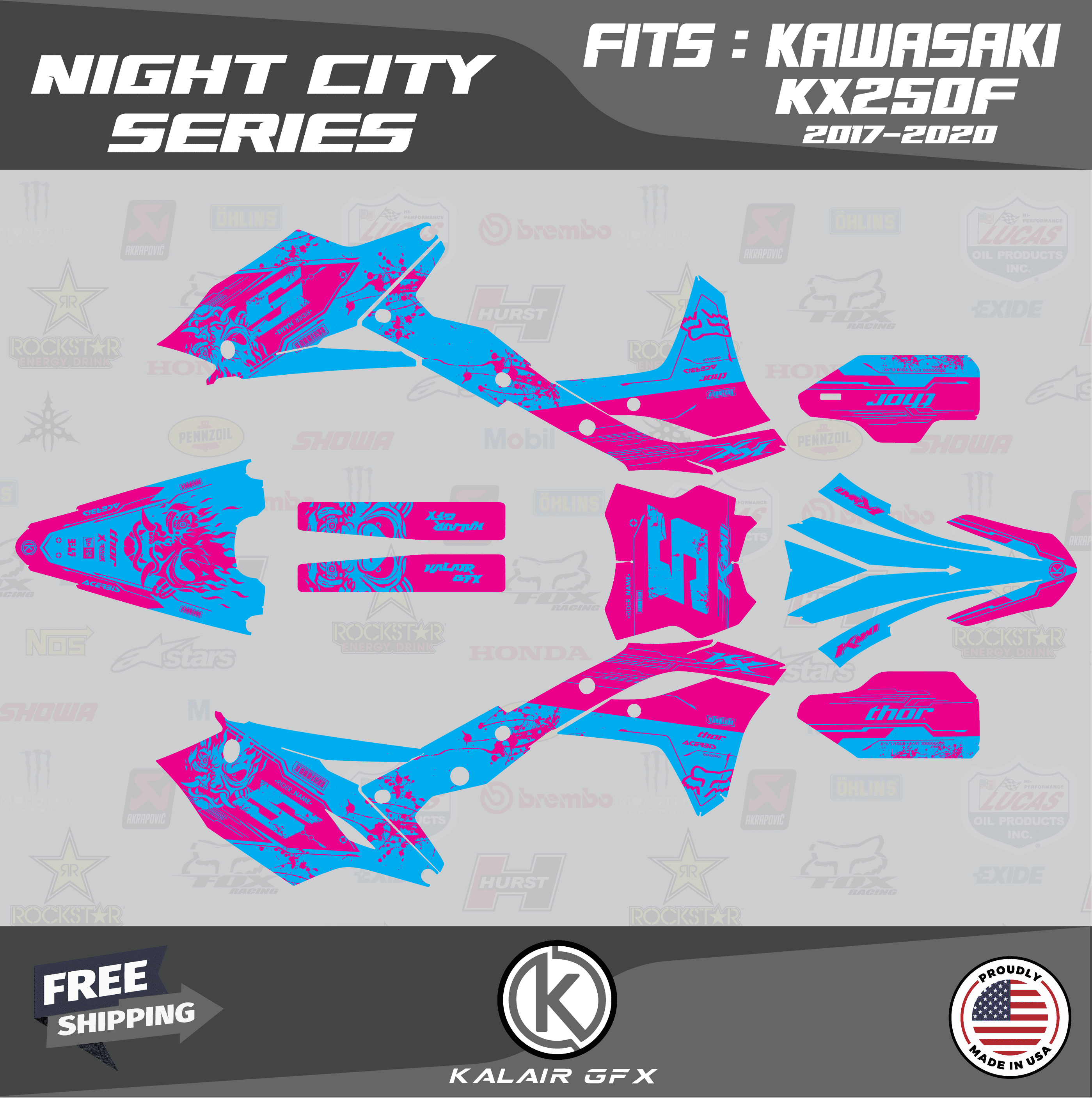 Kalair GFX Graphics Kit for Kawasaki KX250F (2017-2020) Night-city ...