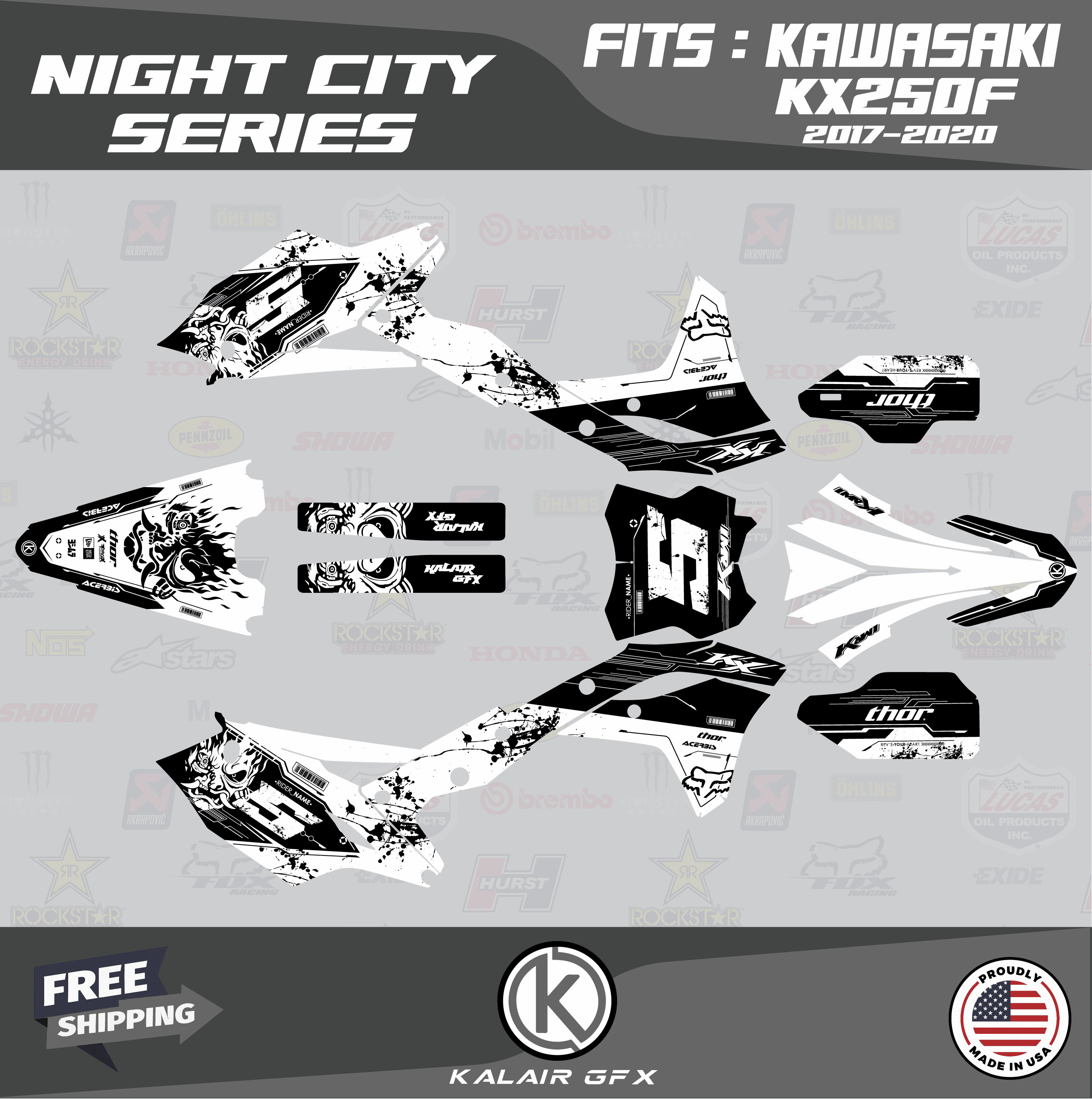 Kalair GFX Graphics Kit for Kawasaki KX250F (2017-2020) Night-city ...
