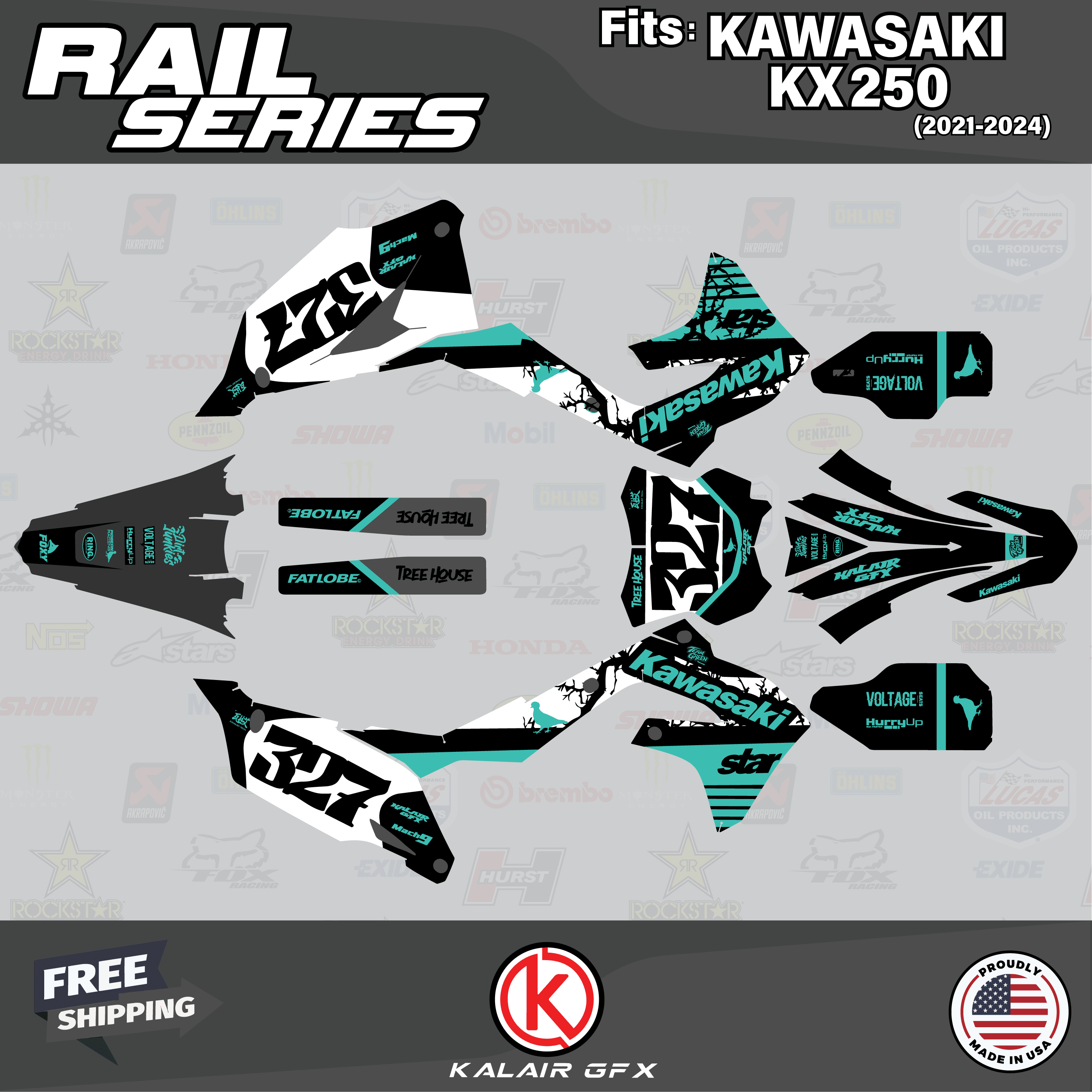 Kalair GFX Graphics Kit for Kawasaki KX250F (2021-2023) Rail Series ...