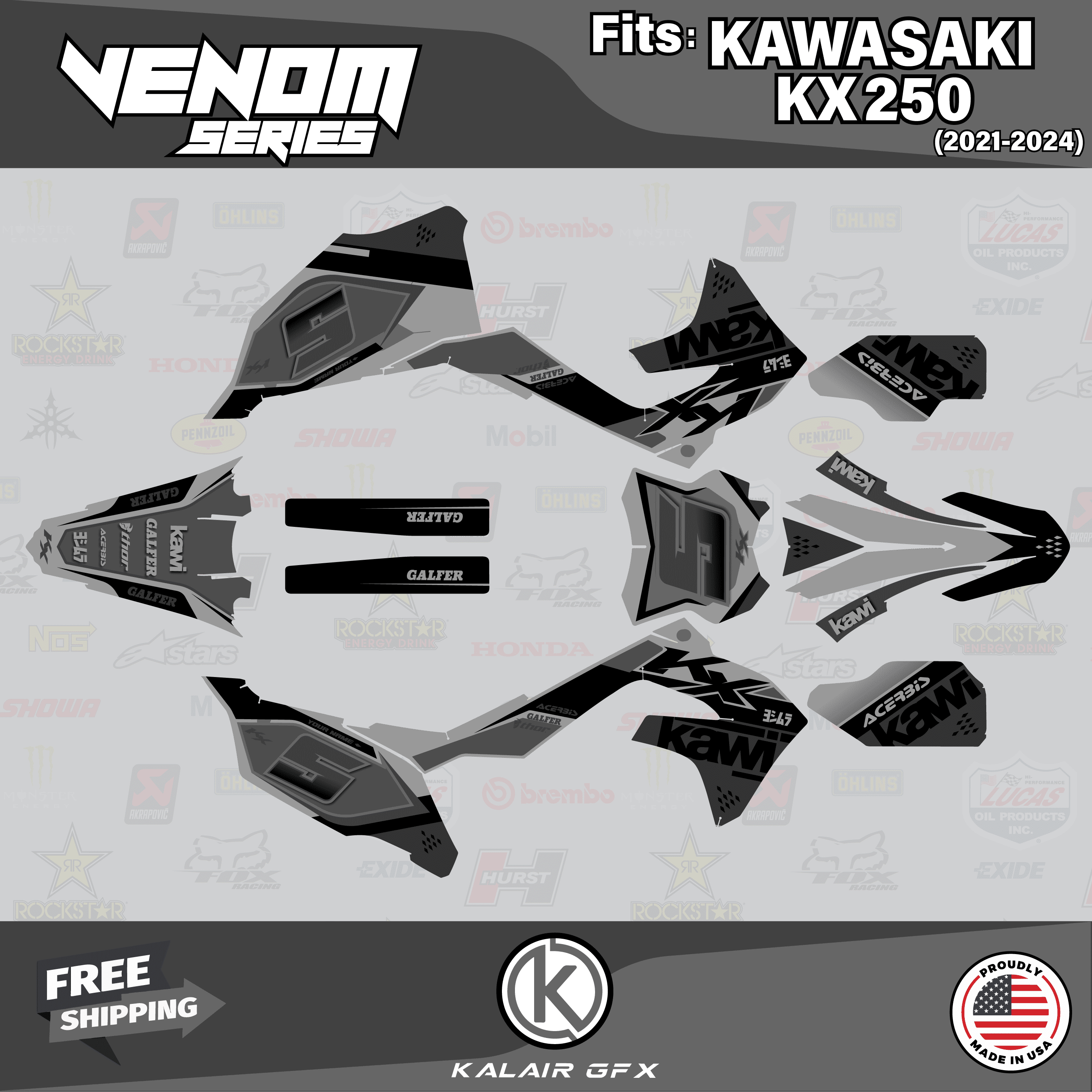 Kalair GFX Graphics Kit for Kawasaki KX250F (2021-2023) Venom Series ...