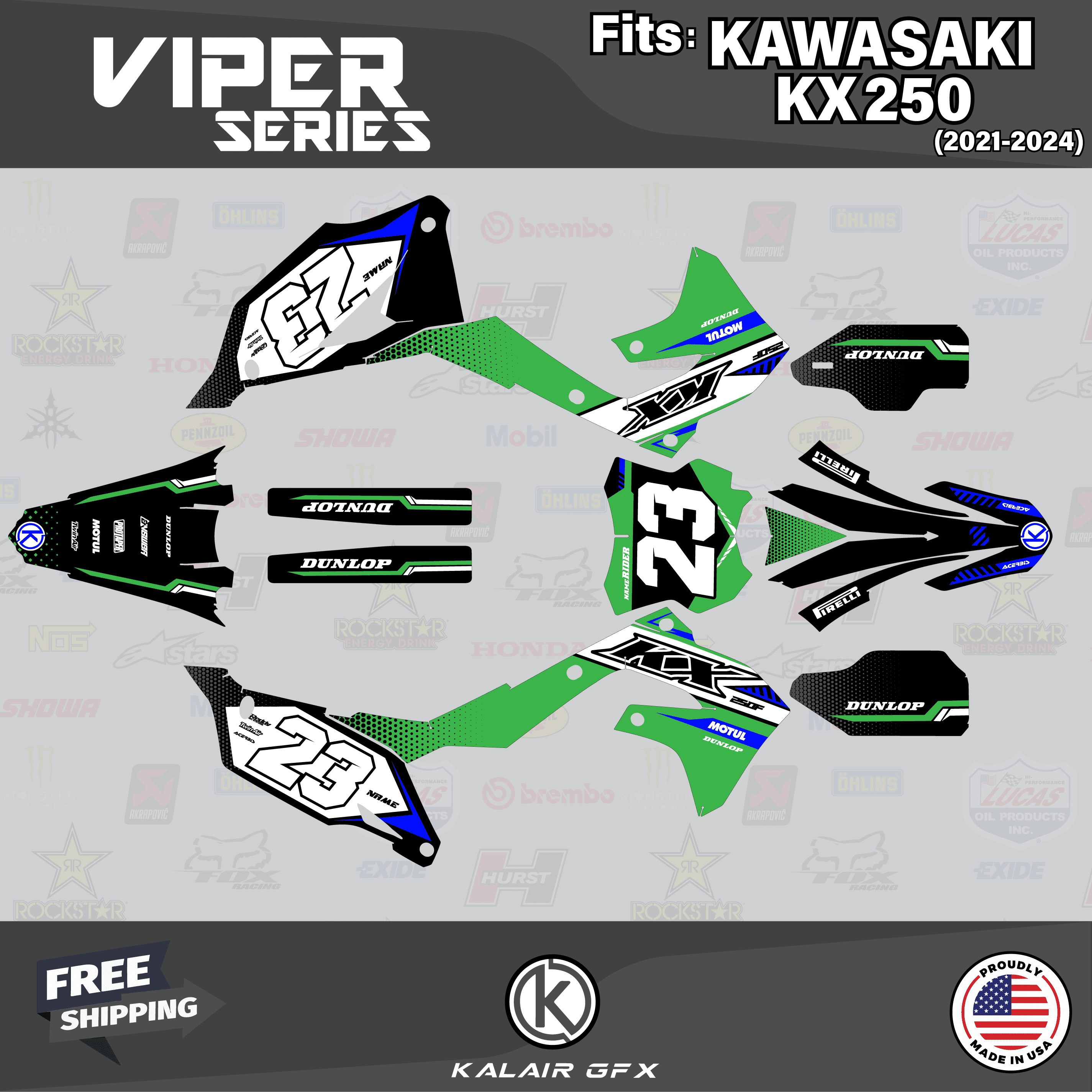 Kalair GFX Graphics Kit for Kawasaki KX250F (2021-2023) Viper Series ...