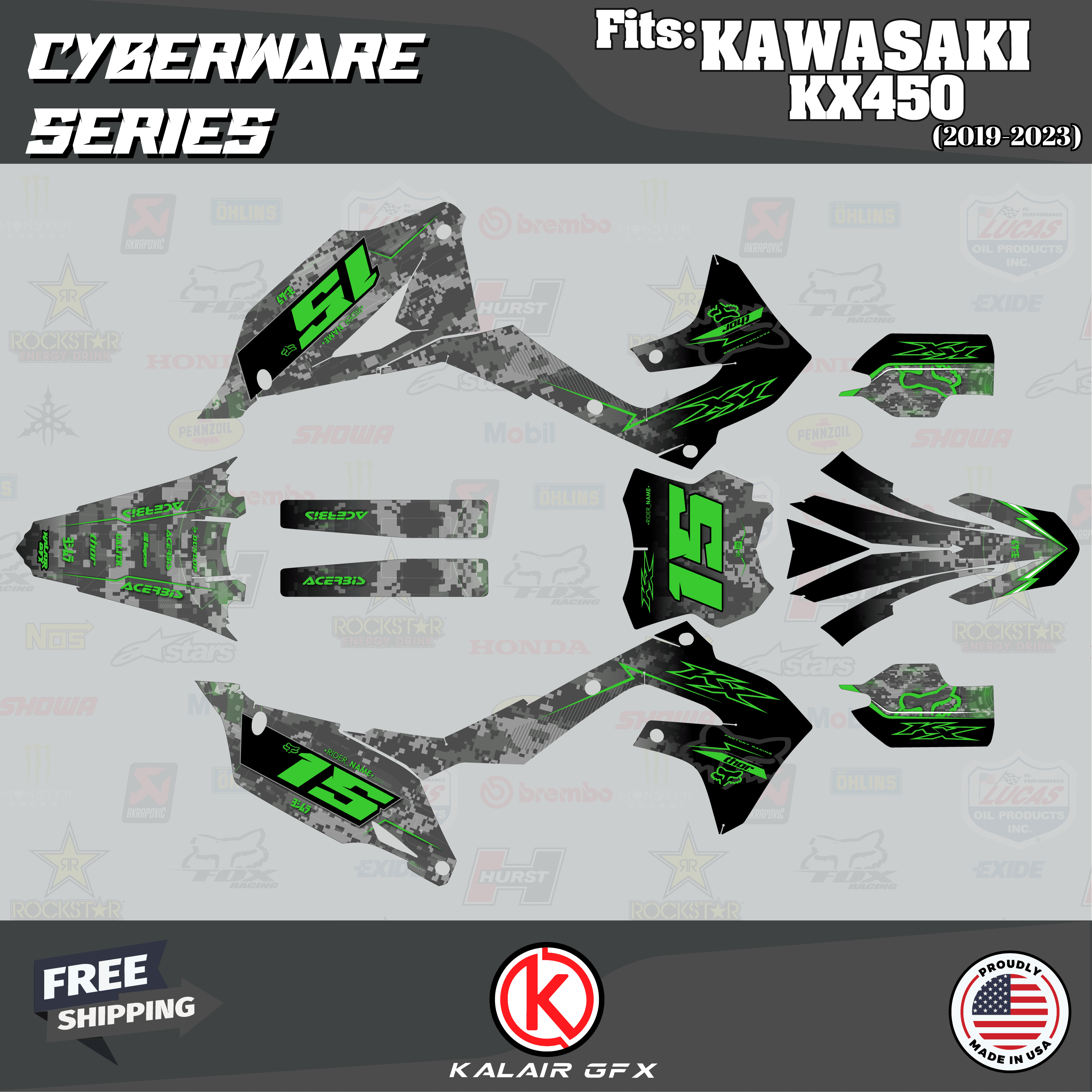 Kalair GFX Graphics Kit for Kawasaki KX450F (2019-2023) Cyberware ...